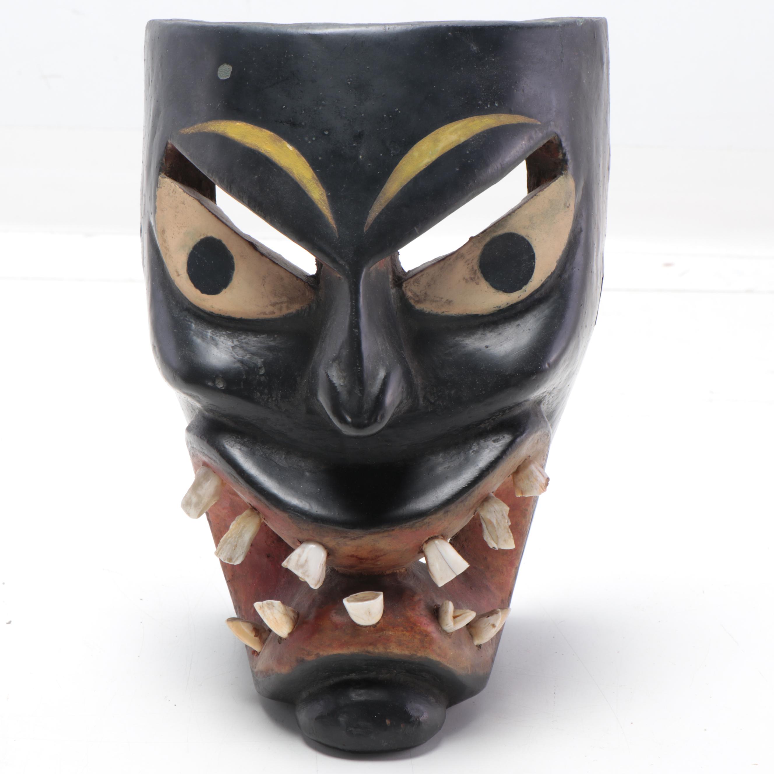 Mexican Folk Art Hand-Painted Wood Mask with Cow Teeth | EBTH