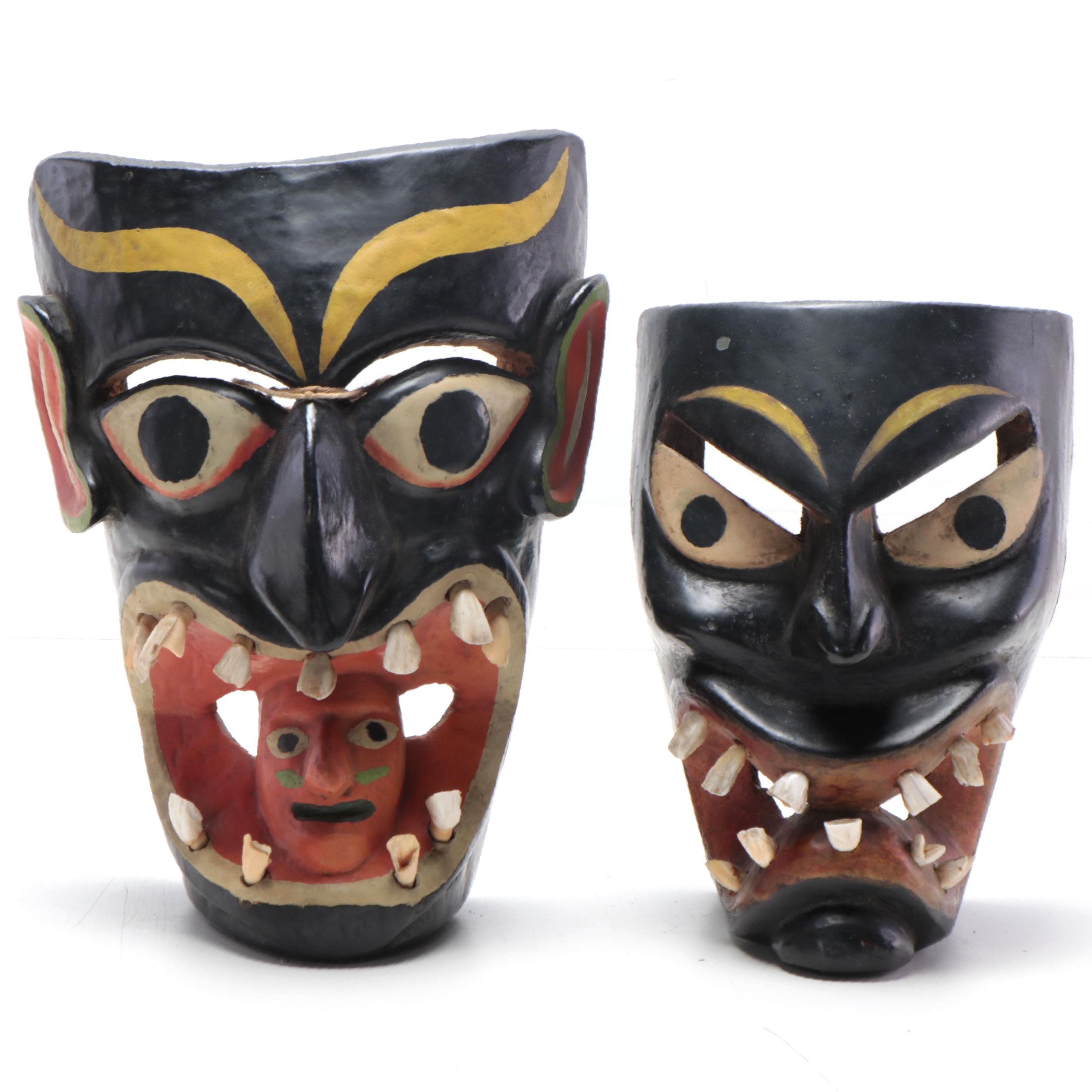 Mexican Folk Art Hand-Painted Wood Mask with Cow Teeth | EBTH