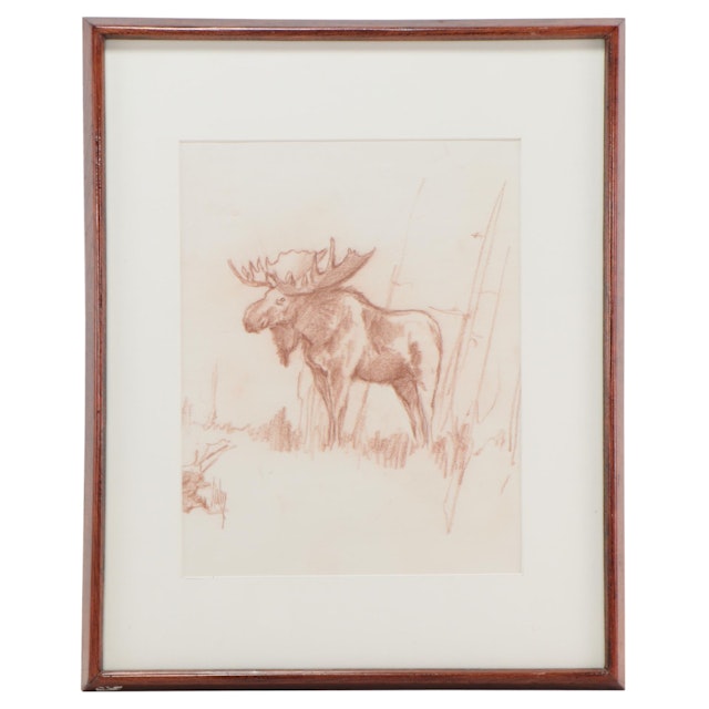 Bob Kuhn Conté Crayon Drawing of Moose | Barnebys