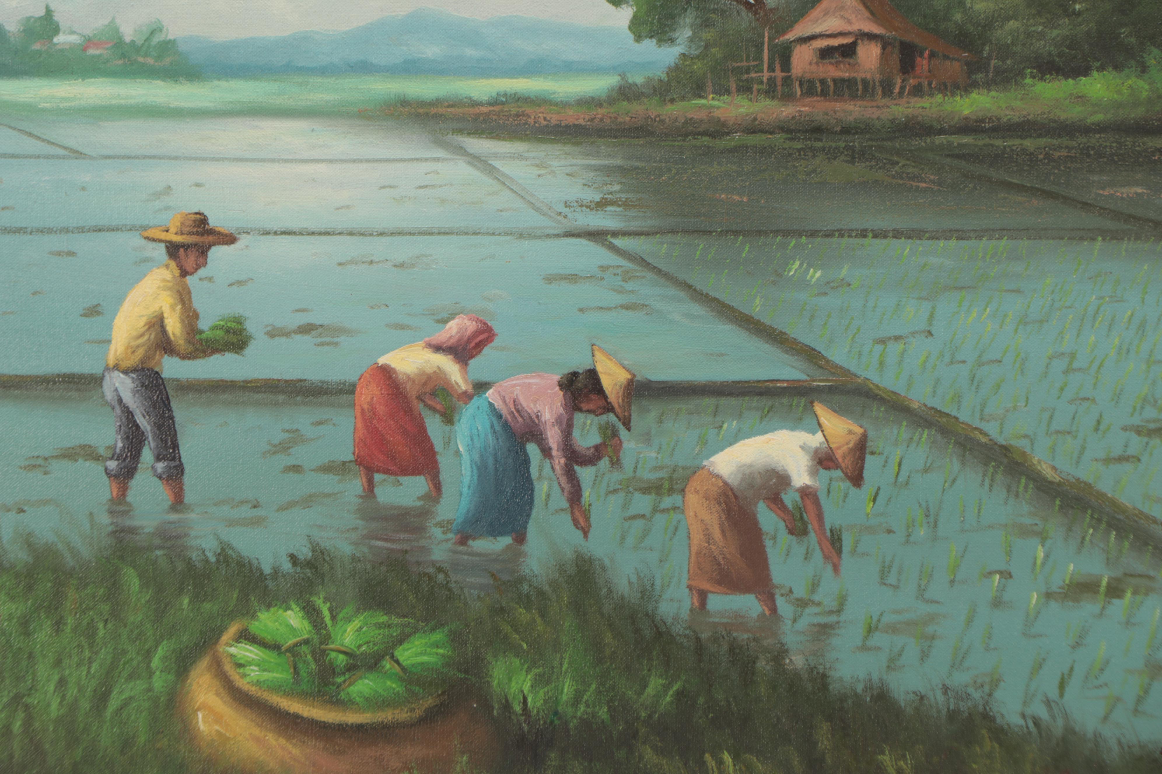Southeast Asian Oil Painting of Rice Planting Scene | EBTH