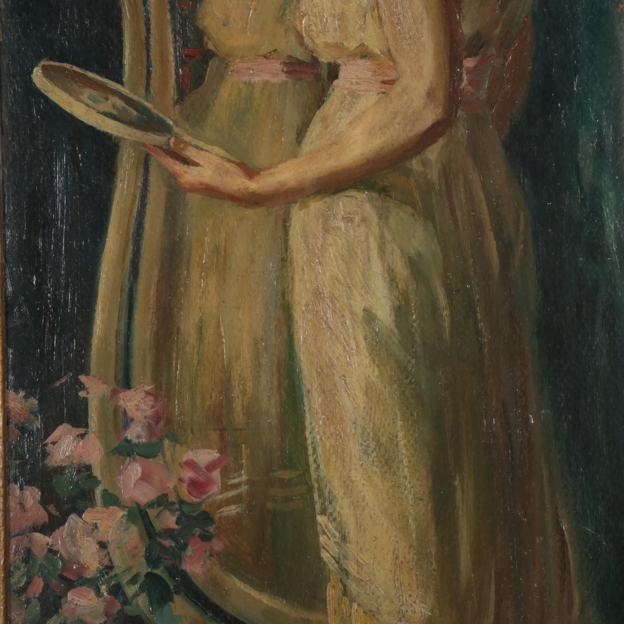 Leon Lippert Oil Painting of Woman Standing at Mirror, Early 20th ...