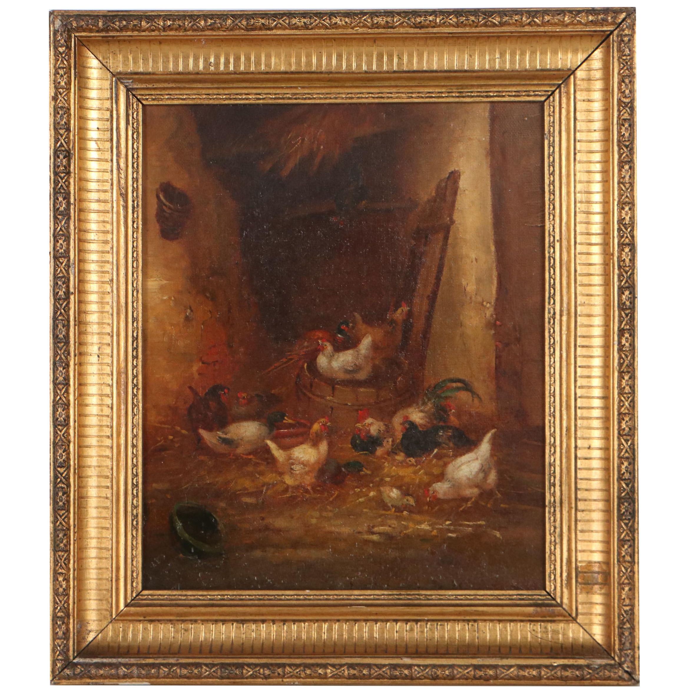 Oil Painting of Chickens, Early 20th Century | EBTH