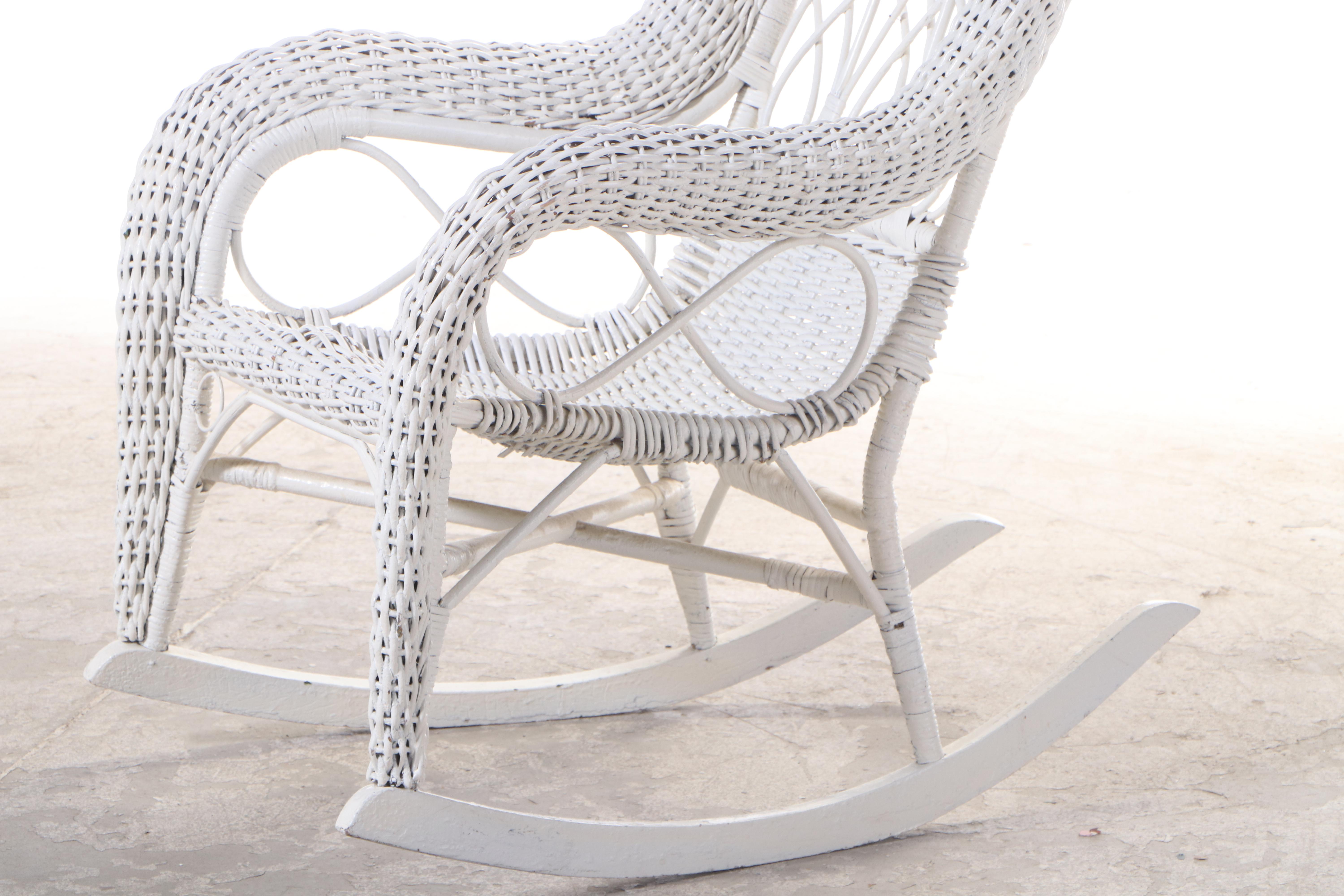 Painted Wicker Rattan Rocking Chair and Side Table, Mid to Late 20th ...