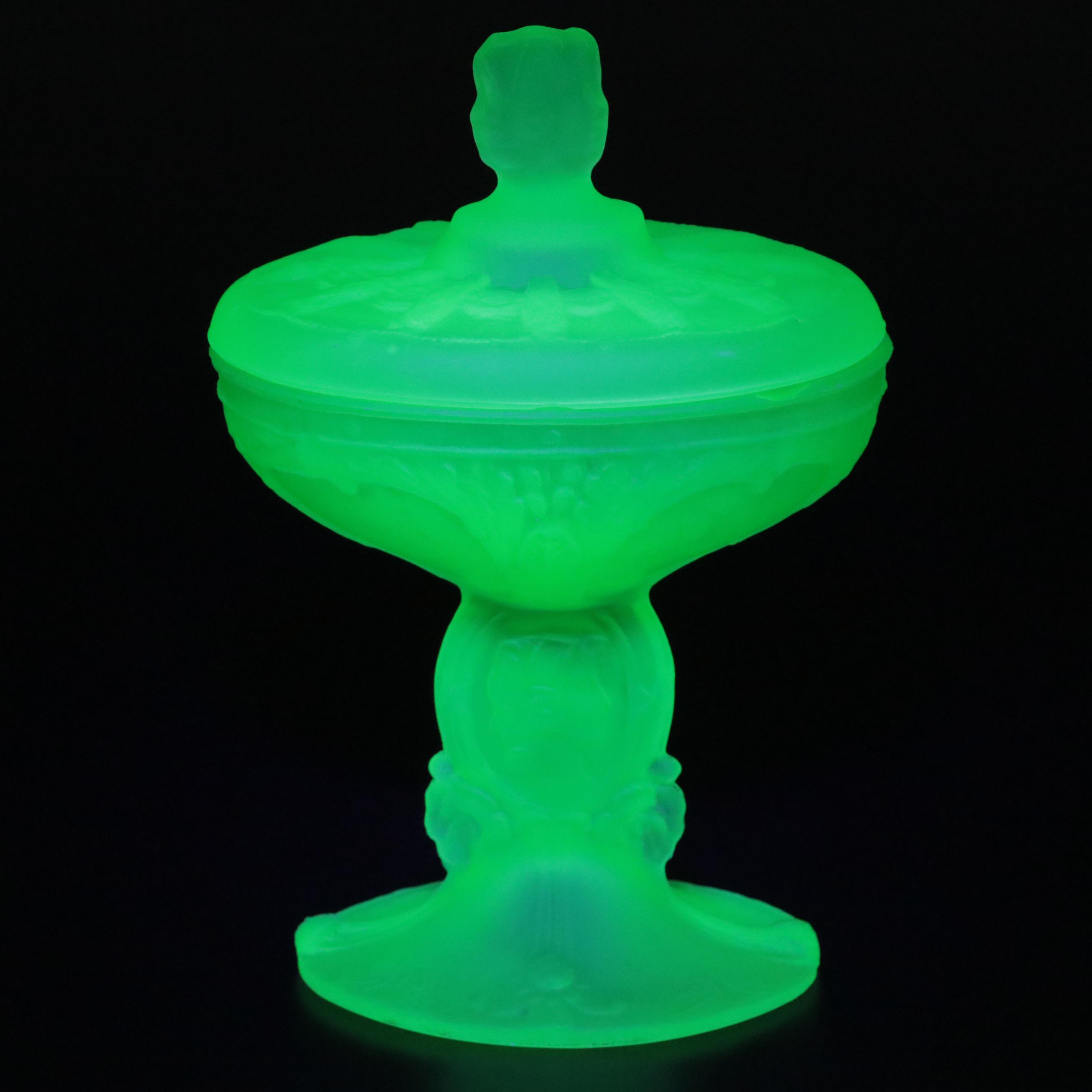 Satin Vaseline Glass Covered Compote with Victorian Green Glass Vases ...