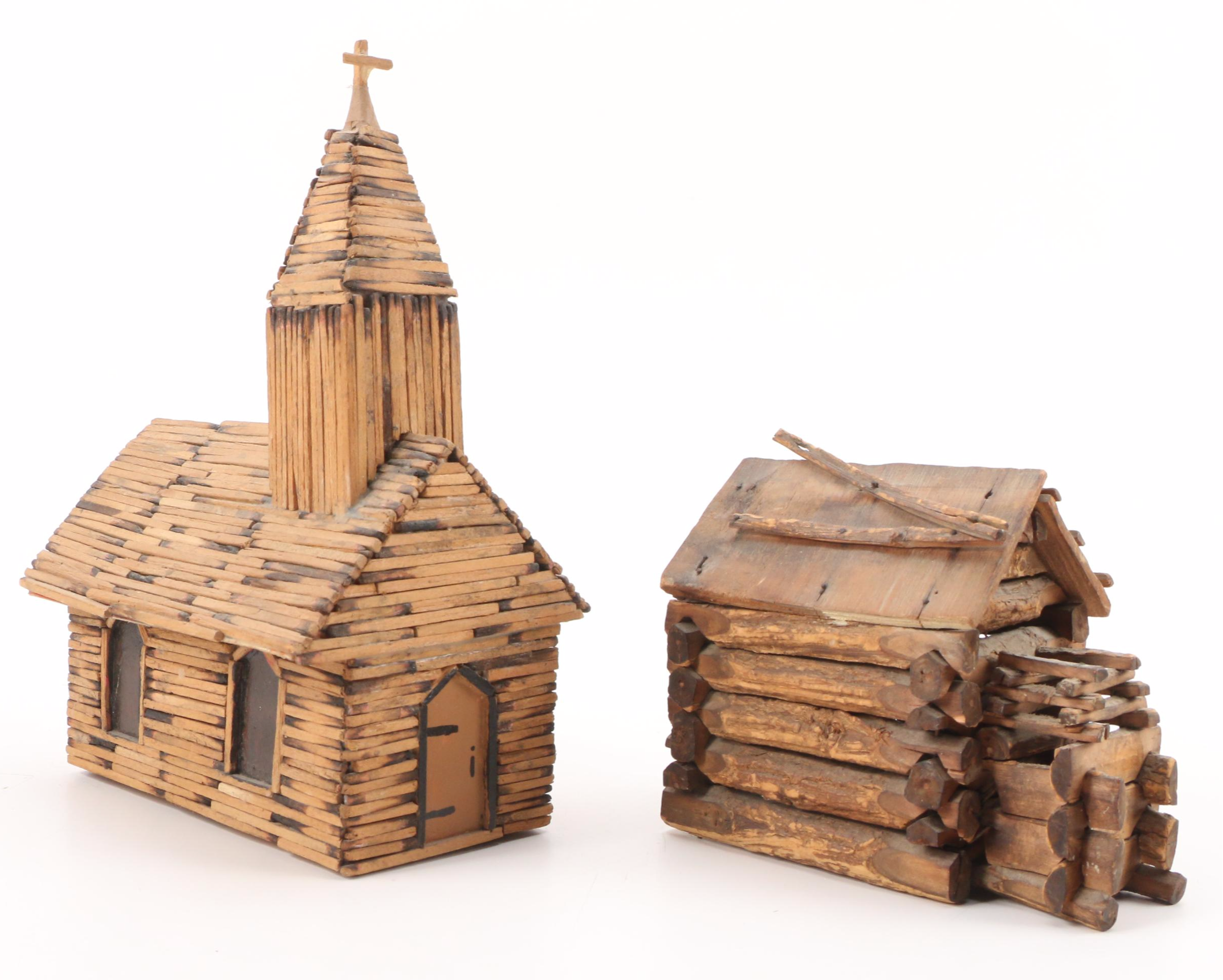 Tramp Art Matchstick Church and Carved Wood Log Cabin, Early 20th ...