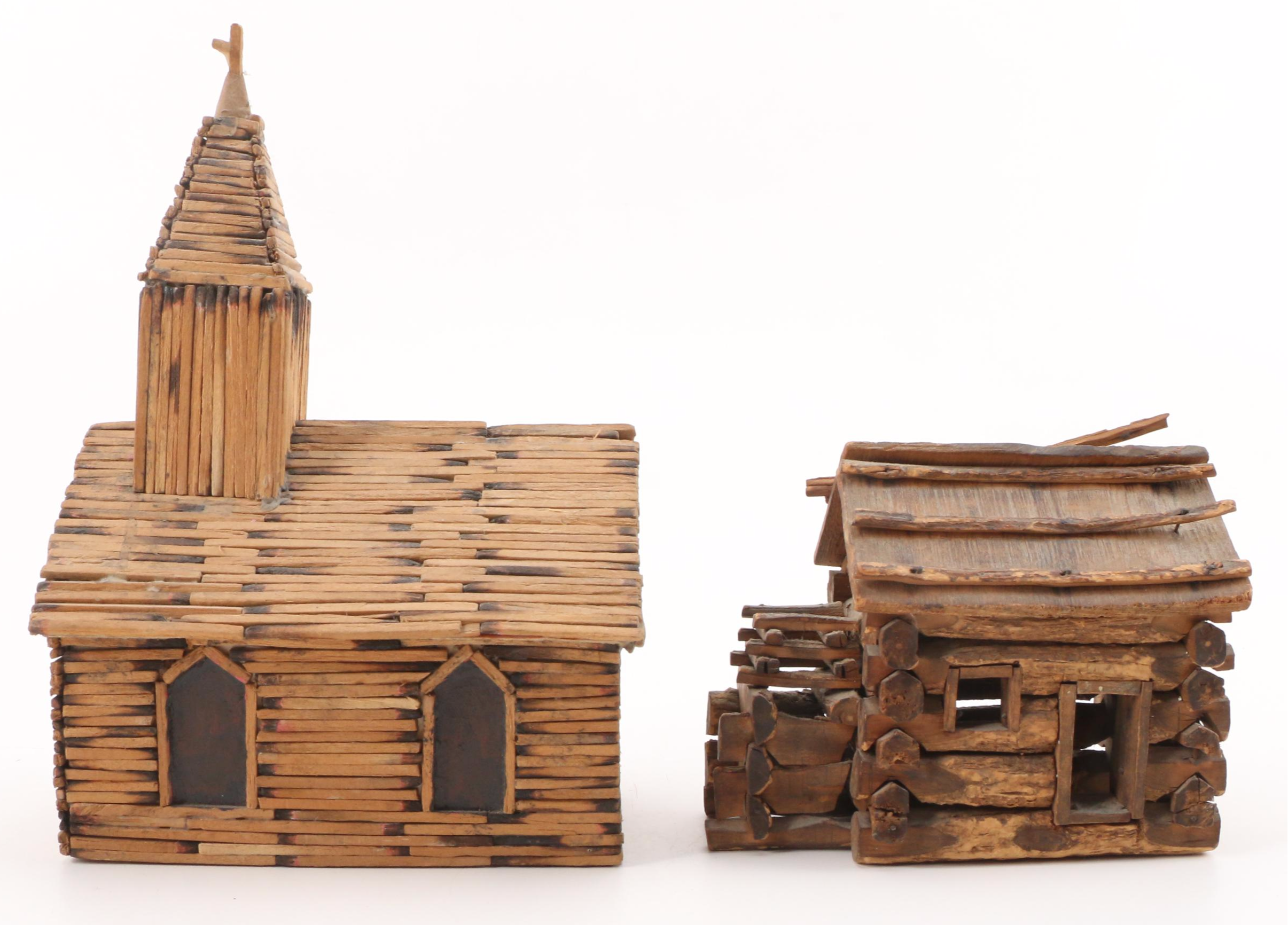 Tramp Art Matchstick Church and Carved Wood Log Cabin, Early 20th ...