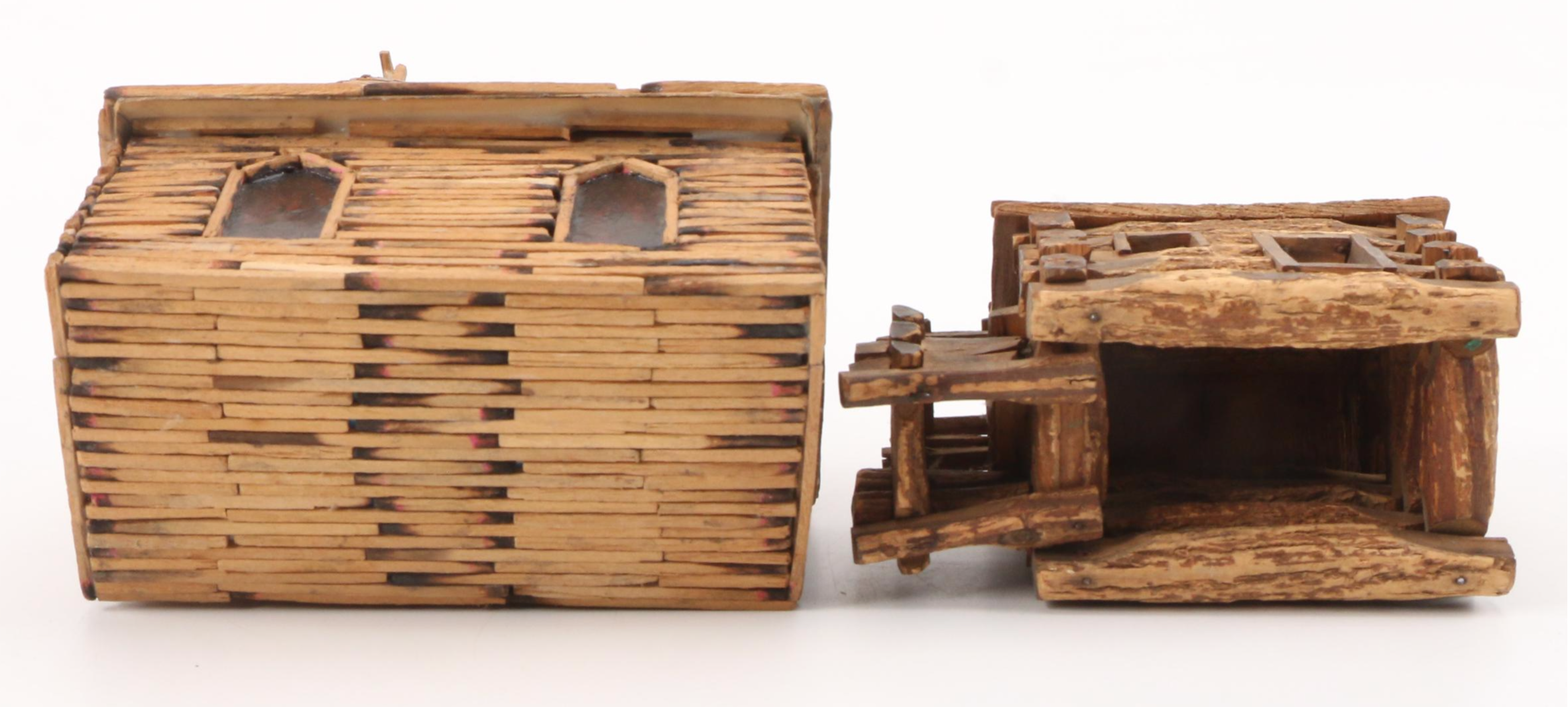 Tramp Art Matchstick Church and Carved Wood Log Cabin, Early 20th ...