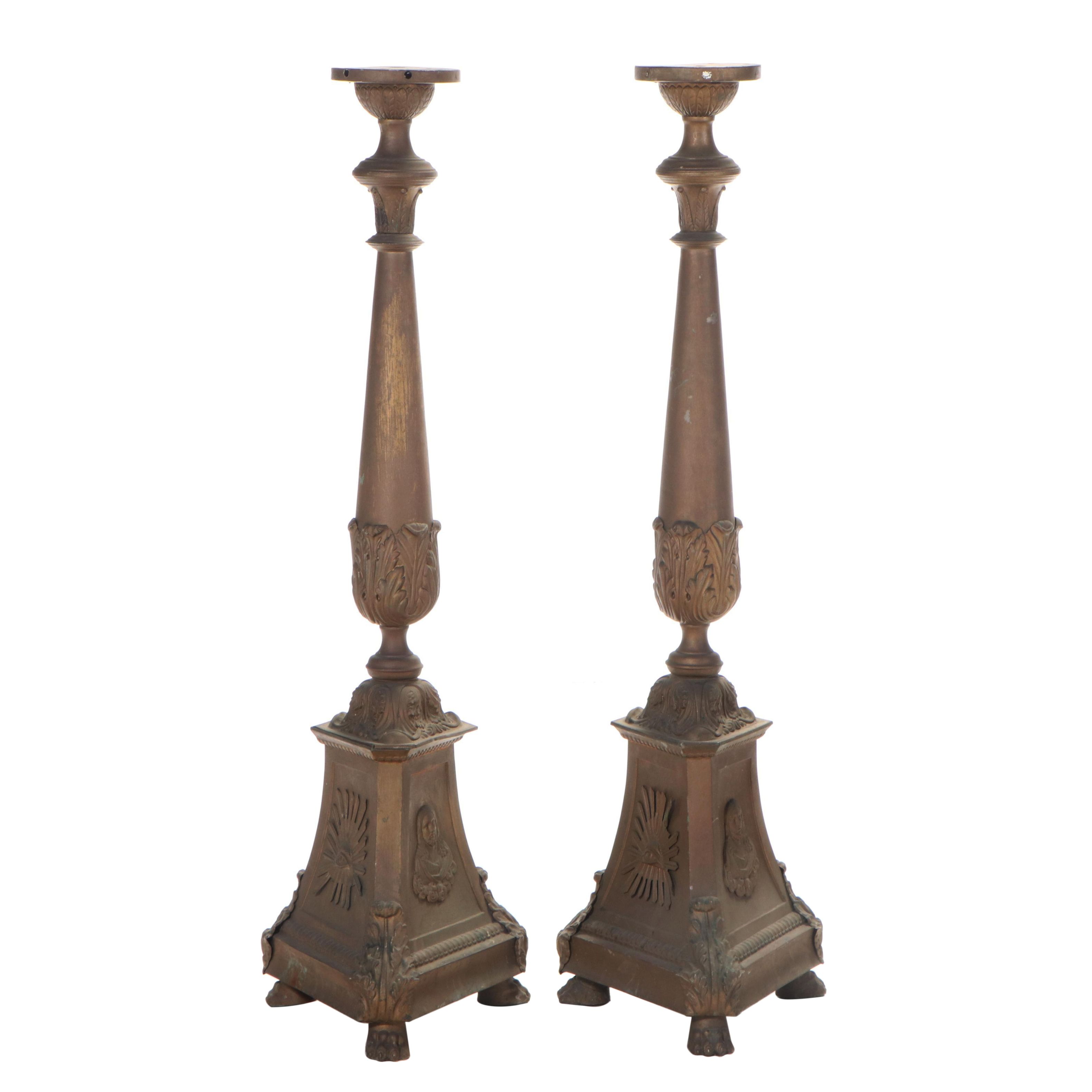 Pair of Gilt Metal Ecclesiastical Altar Candlesticks, Early 20th ...