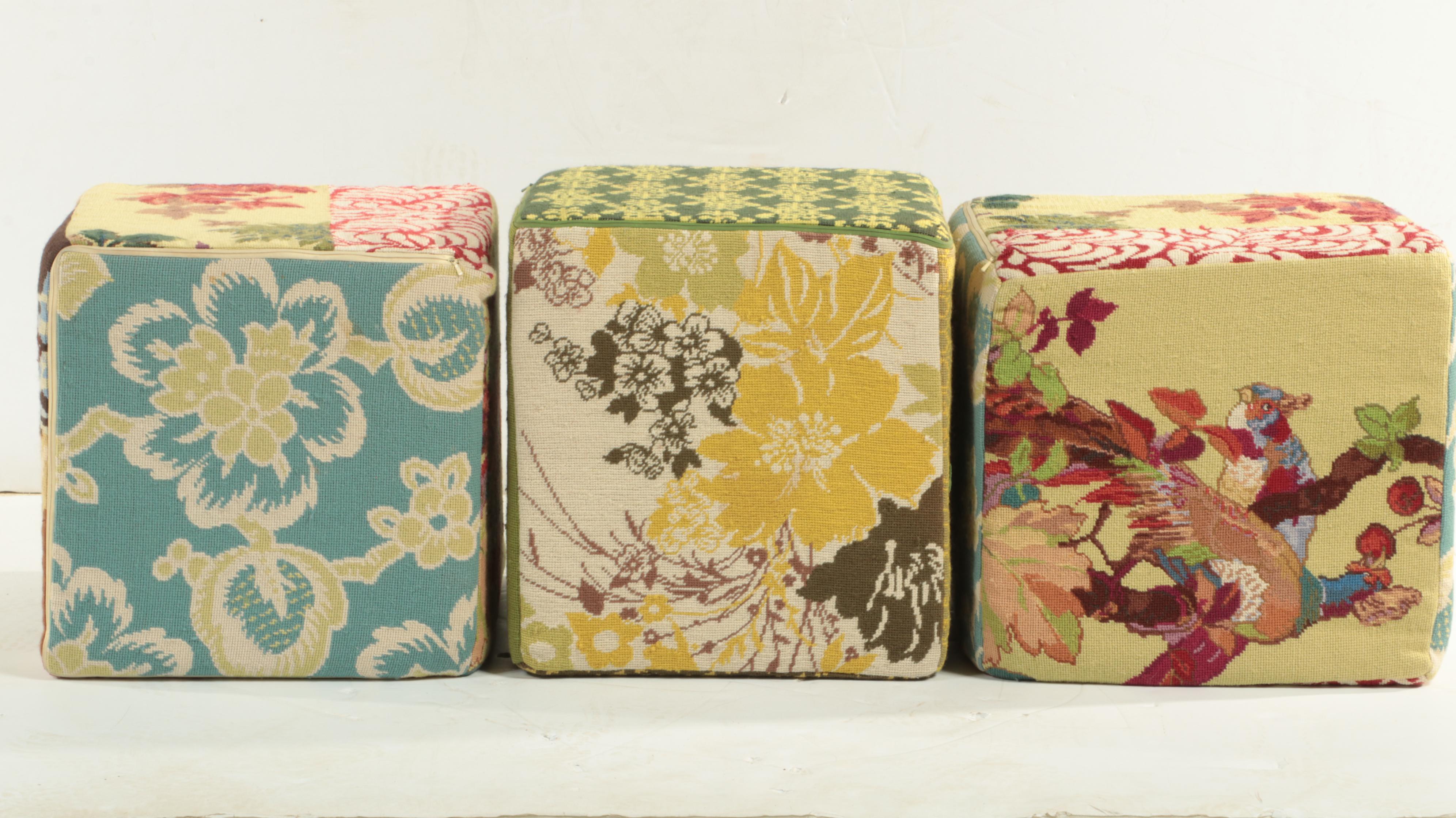 Three Anthropologie Cube-Form Ottomans with Embroidered Slipcovers | EBTH