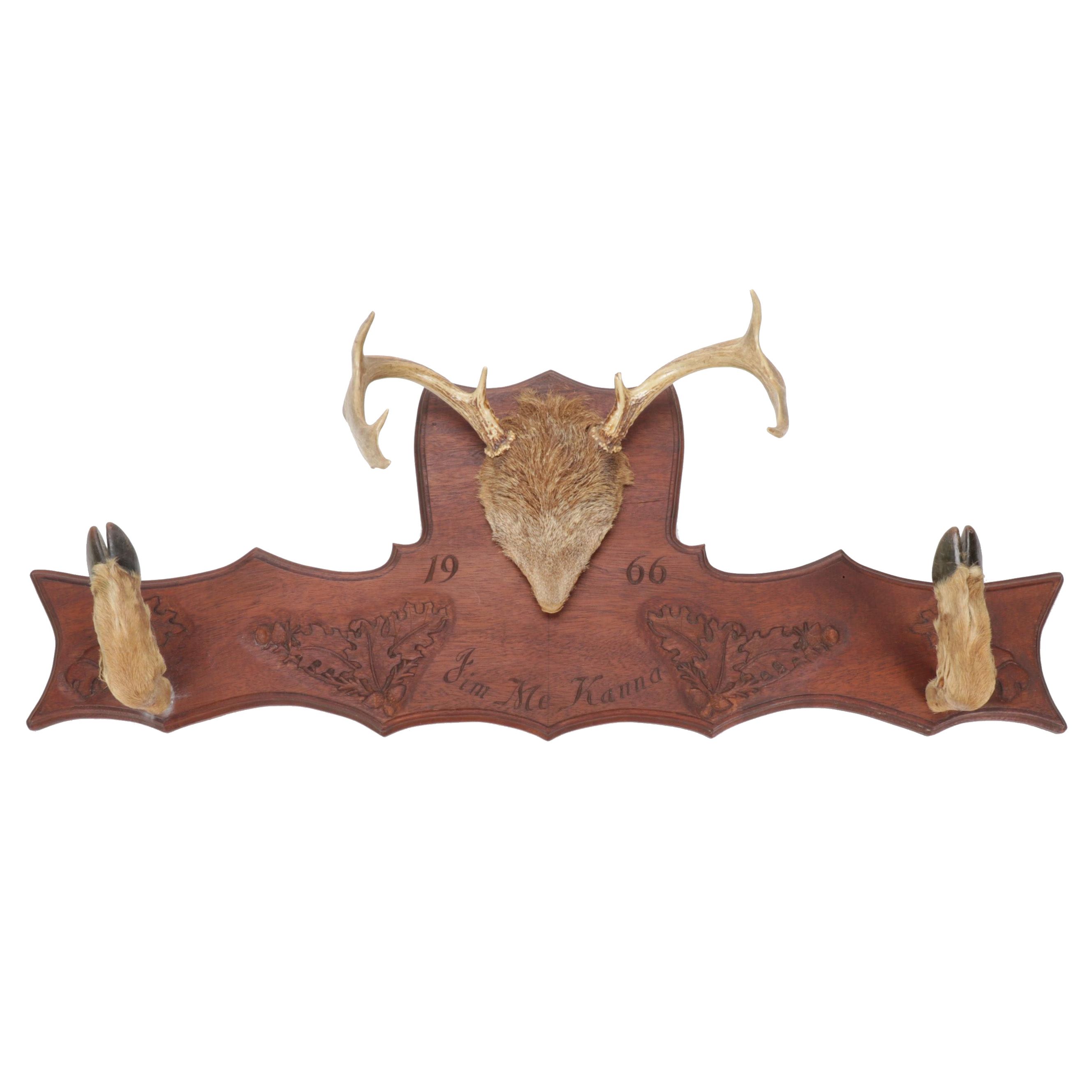 Deer Trophy Mount with Hooves Gun Rack on Carved Walnut Plaque, 1966 | EBTH