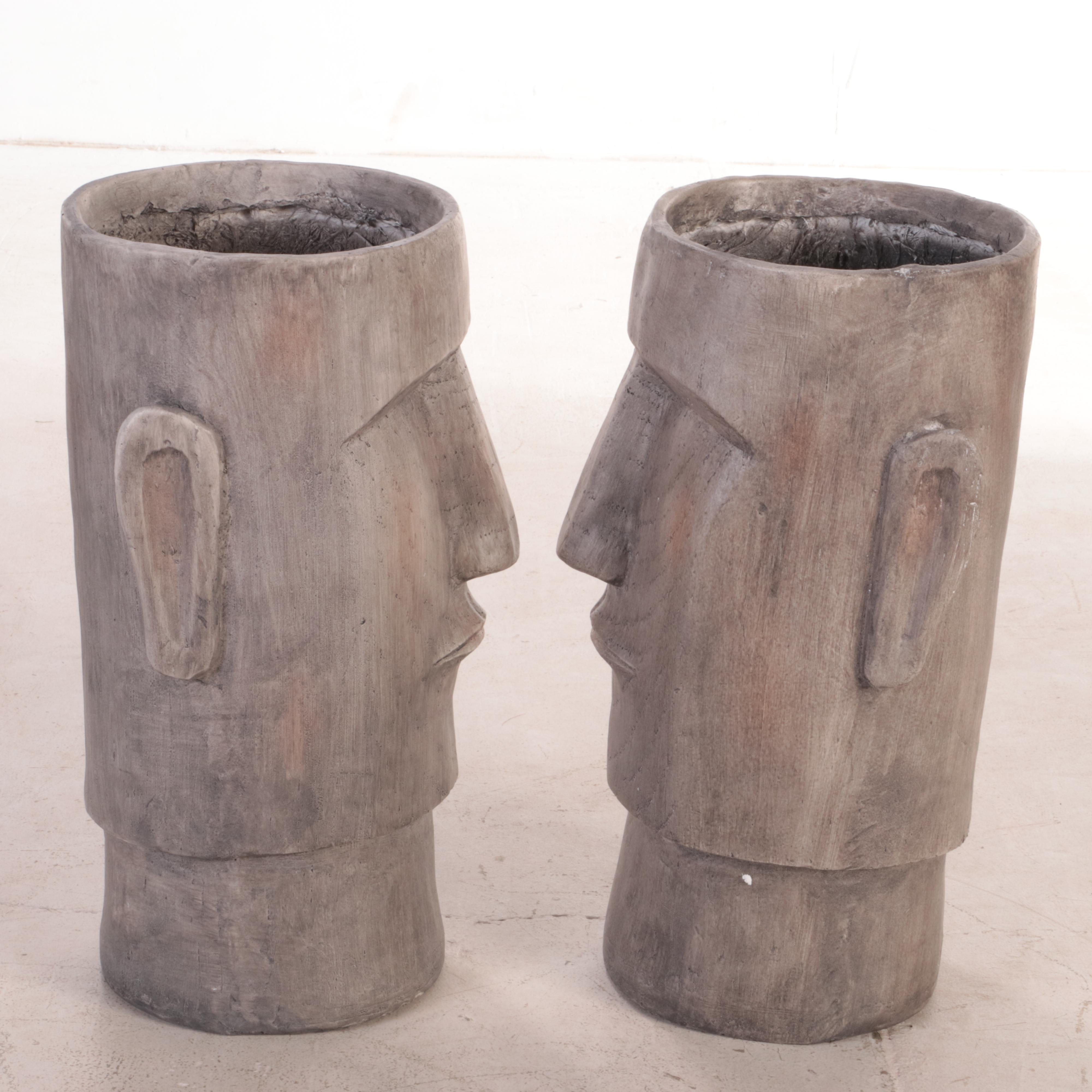 Pair of Cast Plaster Wood Grain Moai Mask Planters | EBTH