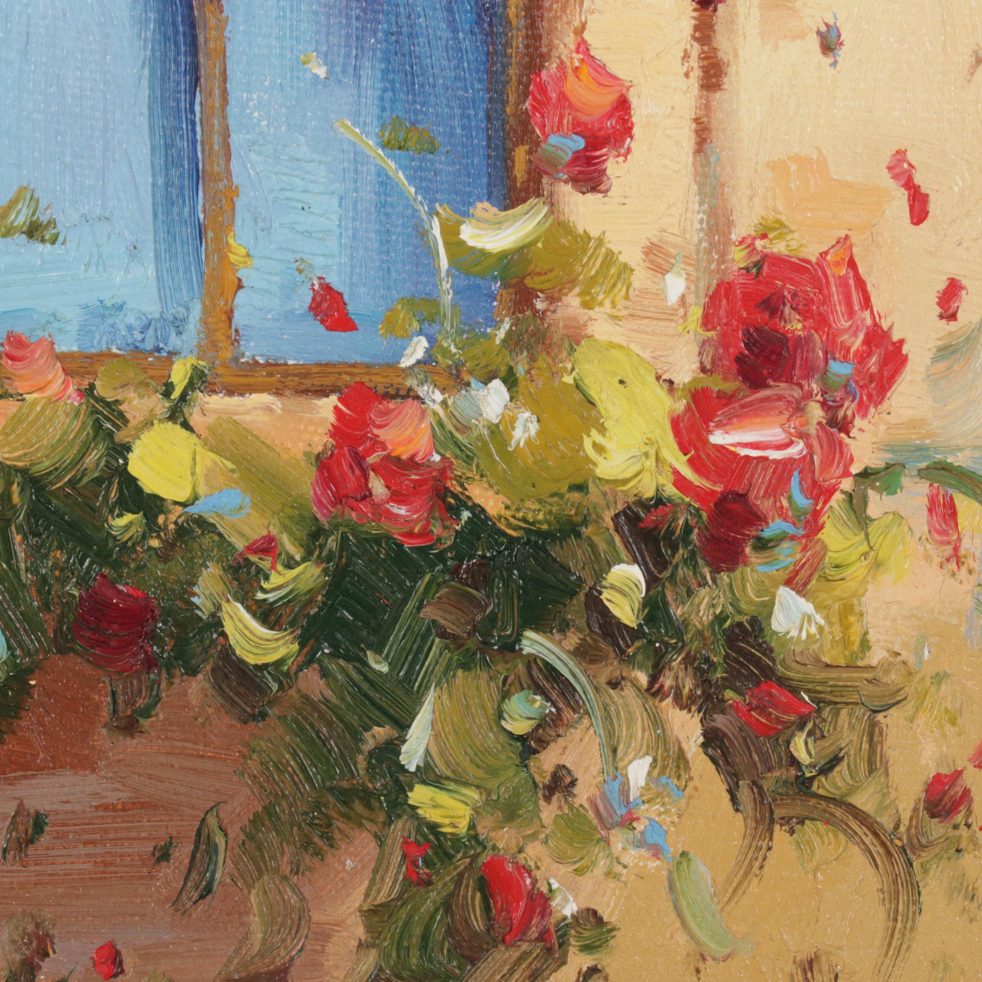 Claude-Marie Buford Oil Painting of Roses Growing on Windowsill, Circa ...