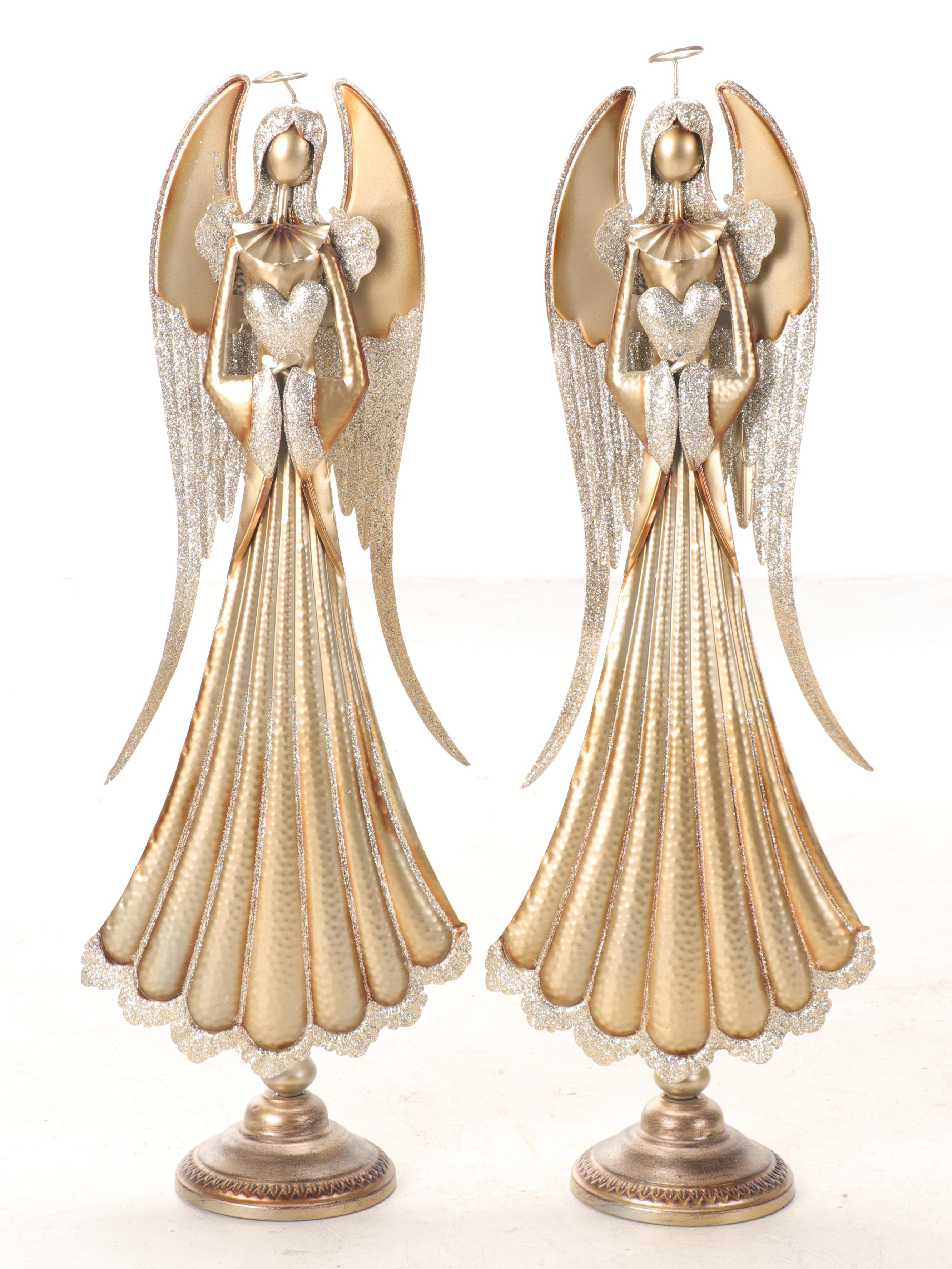Two Pairs of Angels in Gold Paint, Glittered Metal, Silver and Gold ...
