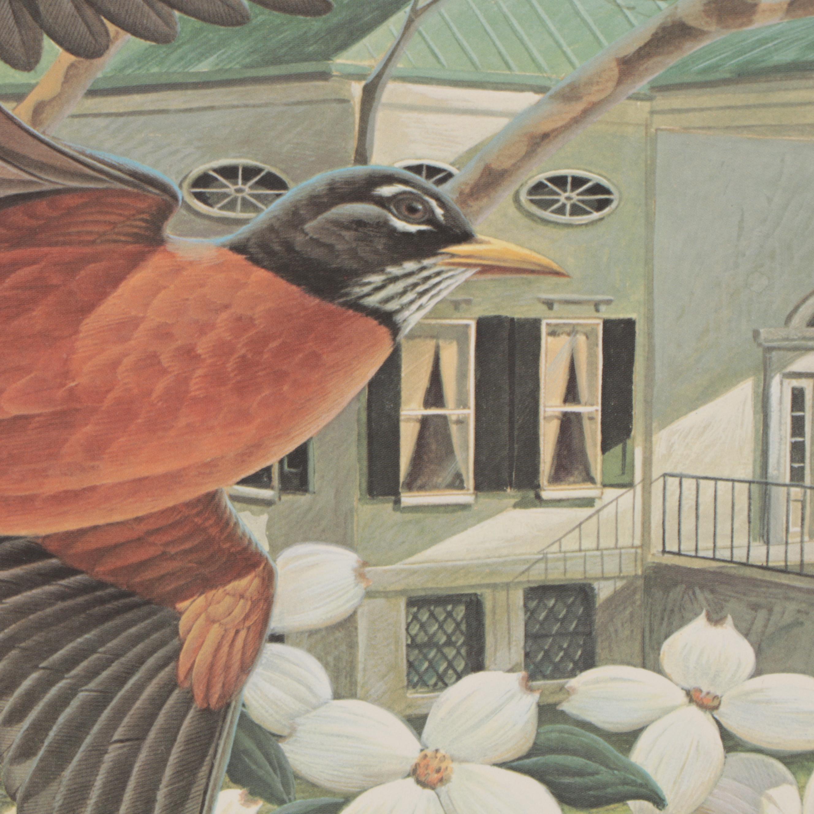 John A. Ruthven Offset Lithograph "Springfest Robins," Late 20th ...