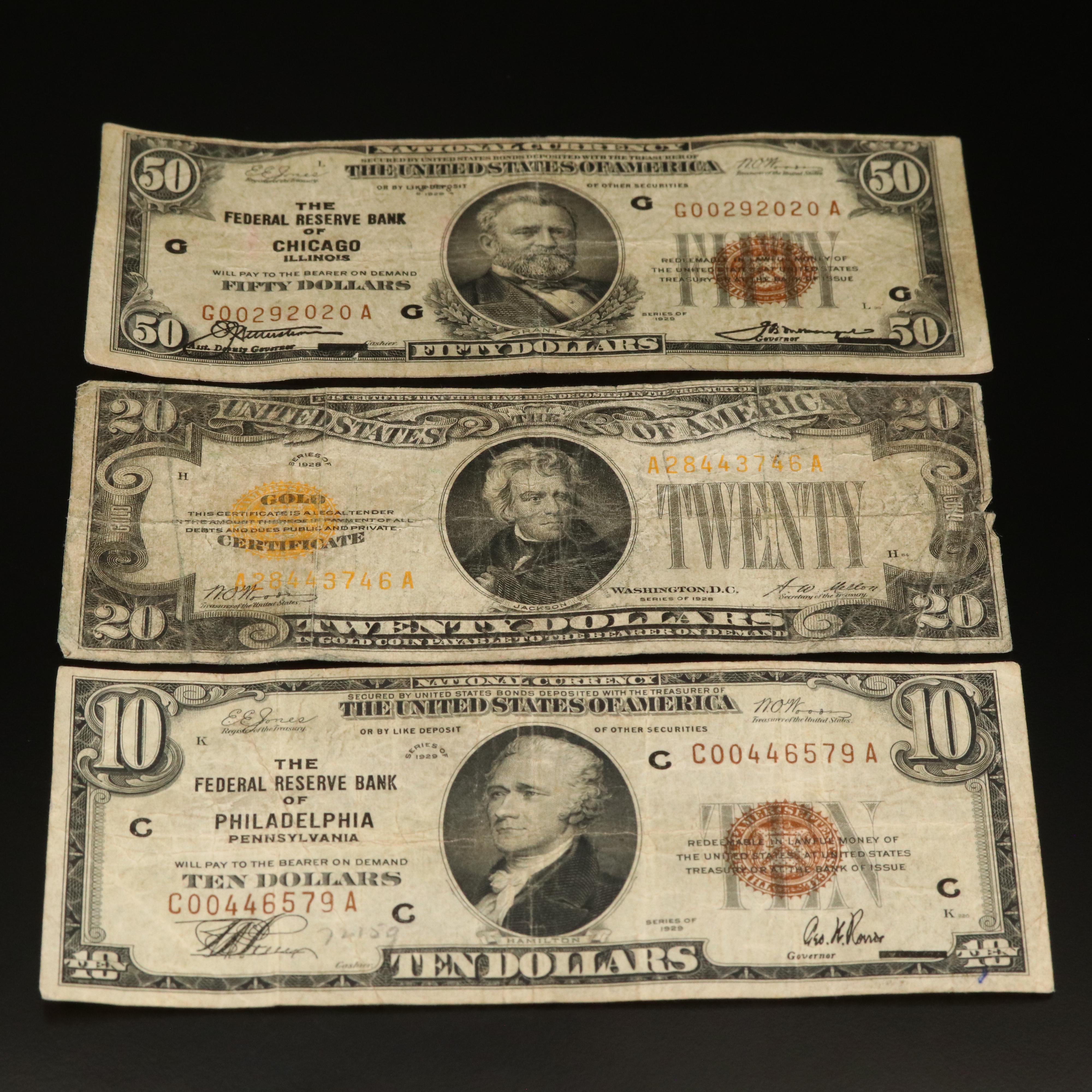 1929 $20 Gold Certificate and Two 1929 National Bank Notes | EBTH