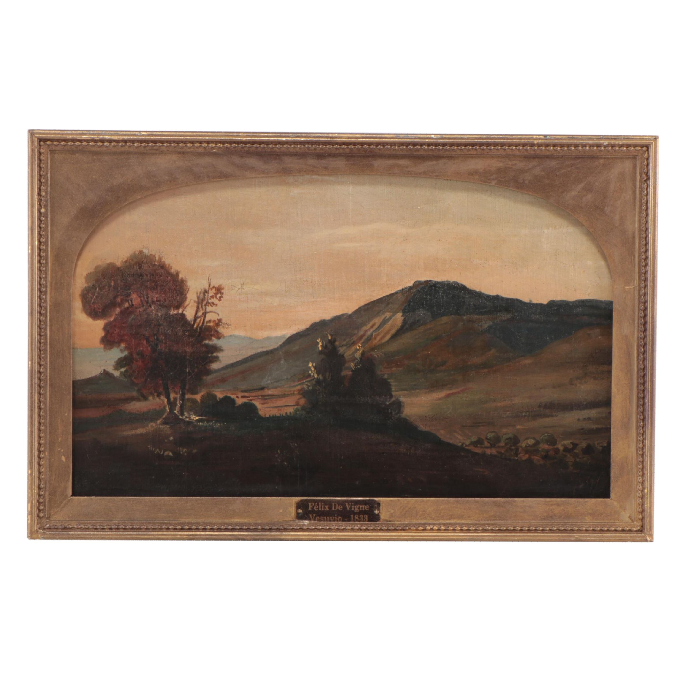 Folk Art Landscape Oil Painting Attributed to Félix De Vigne "Vesuvio ...