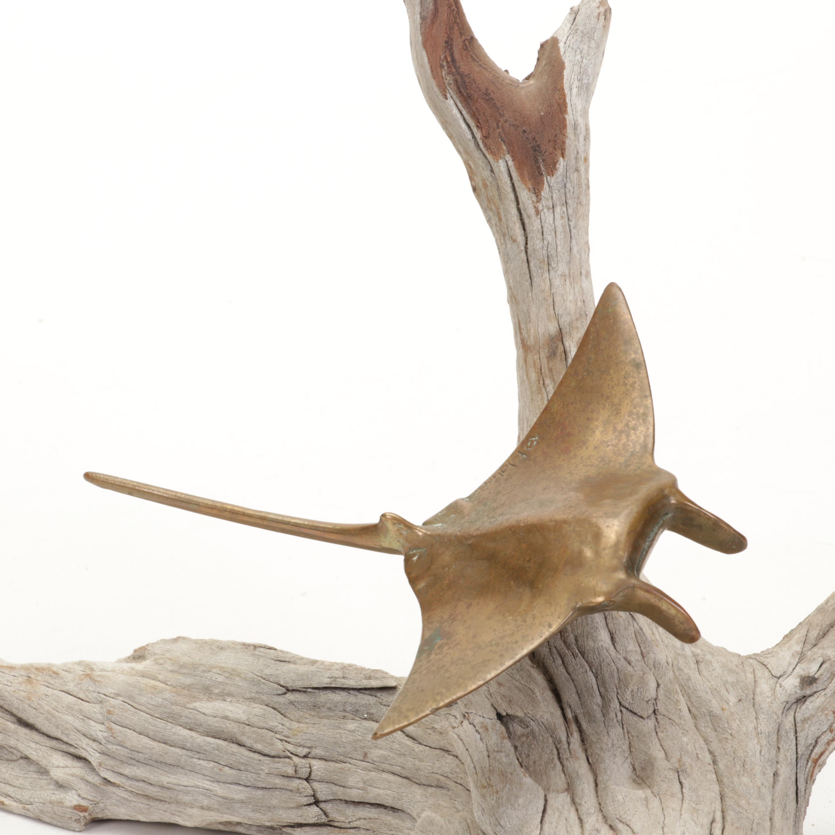 Bronze Sting Ray Sculpture on Driftwood | EBTH