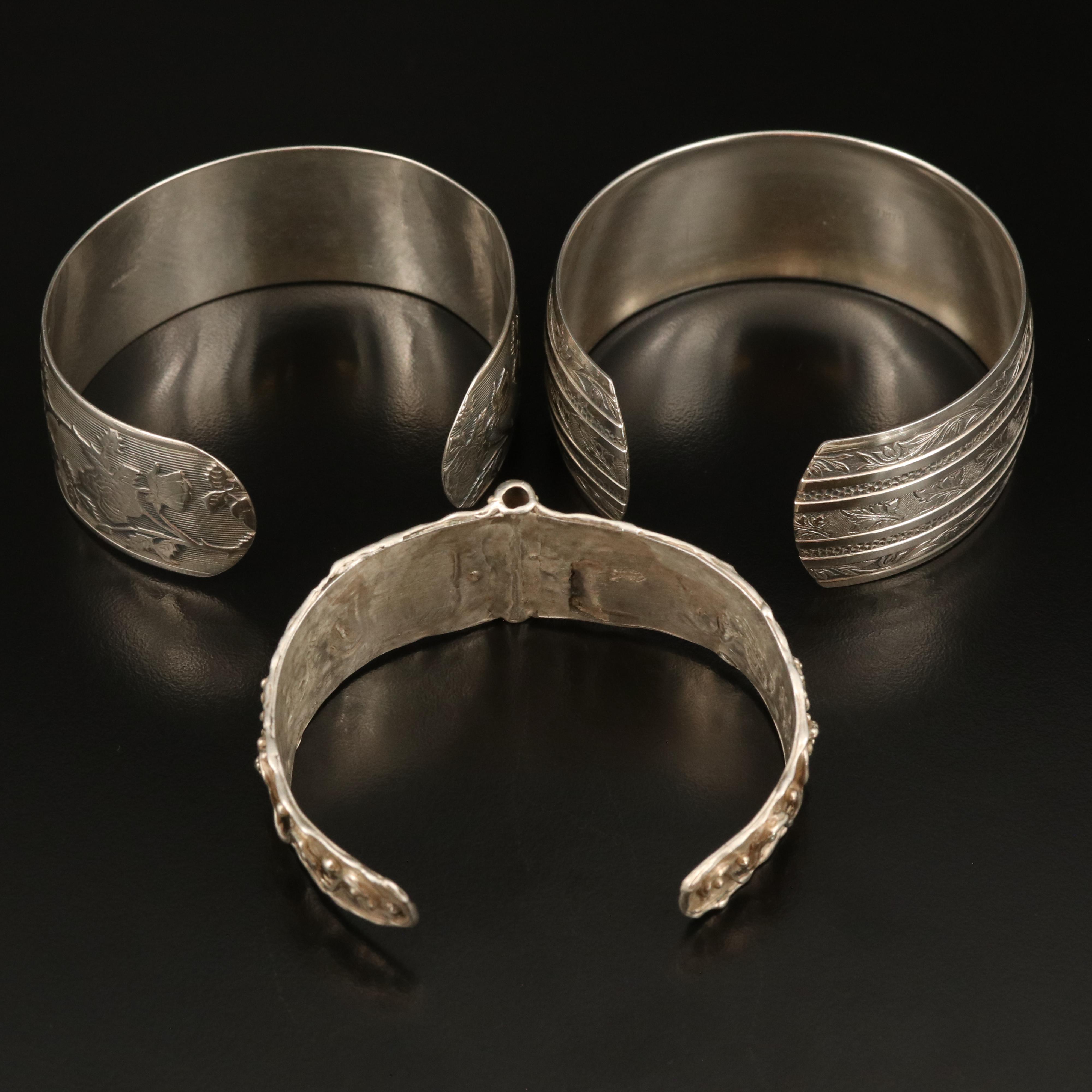 Vintage Mexican Mother-of-Pearl Granulation Cuff and Engraved Foliate Cuffs | EBTH