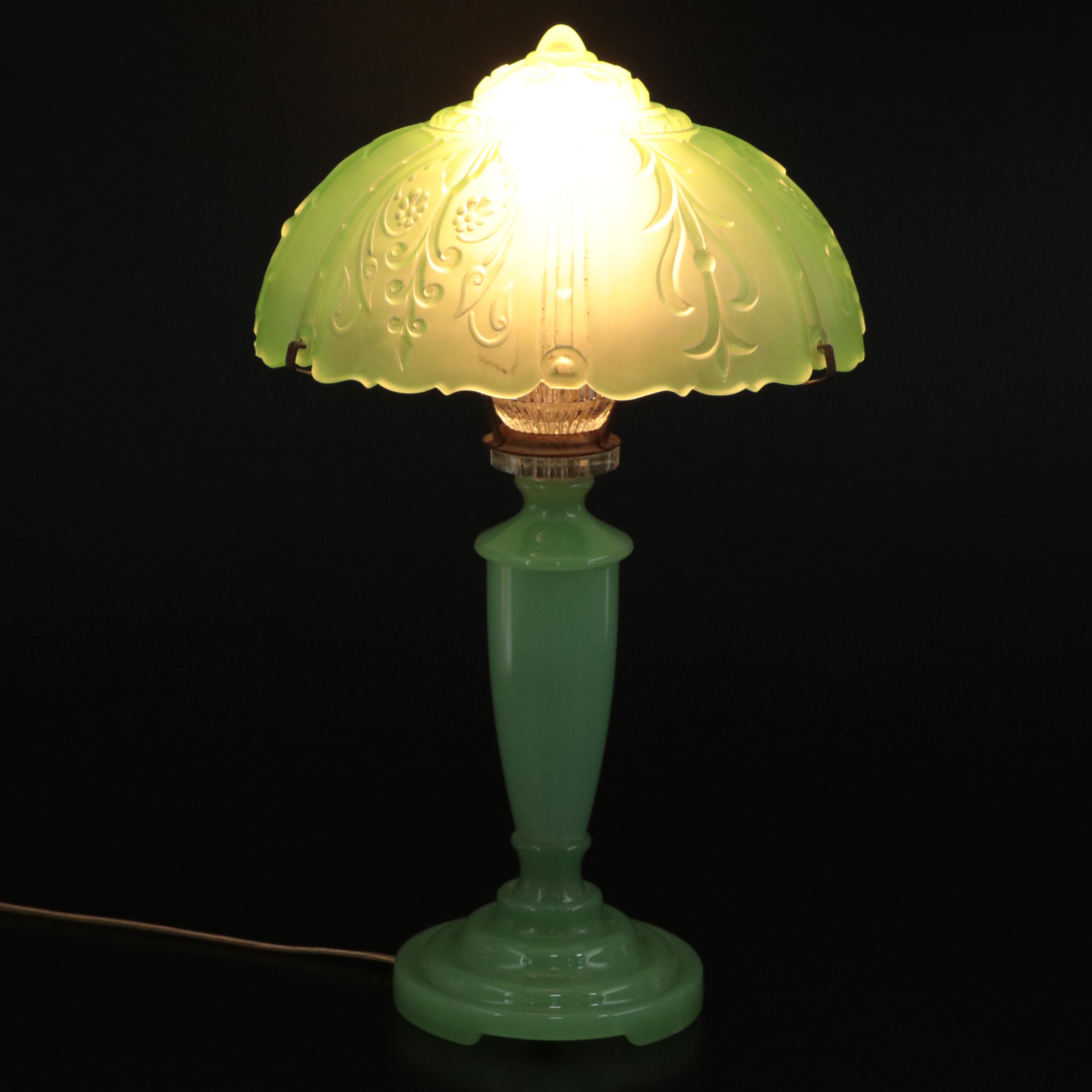 Houzex Art Deco Jadeite Glass Table Lamp with Satin Vaseline Glass ...