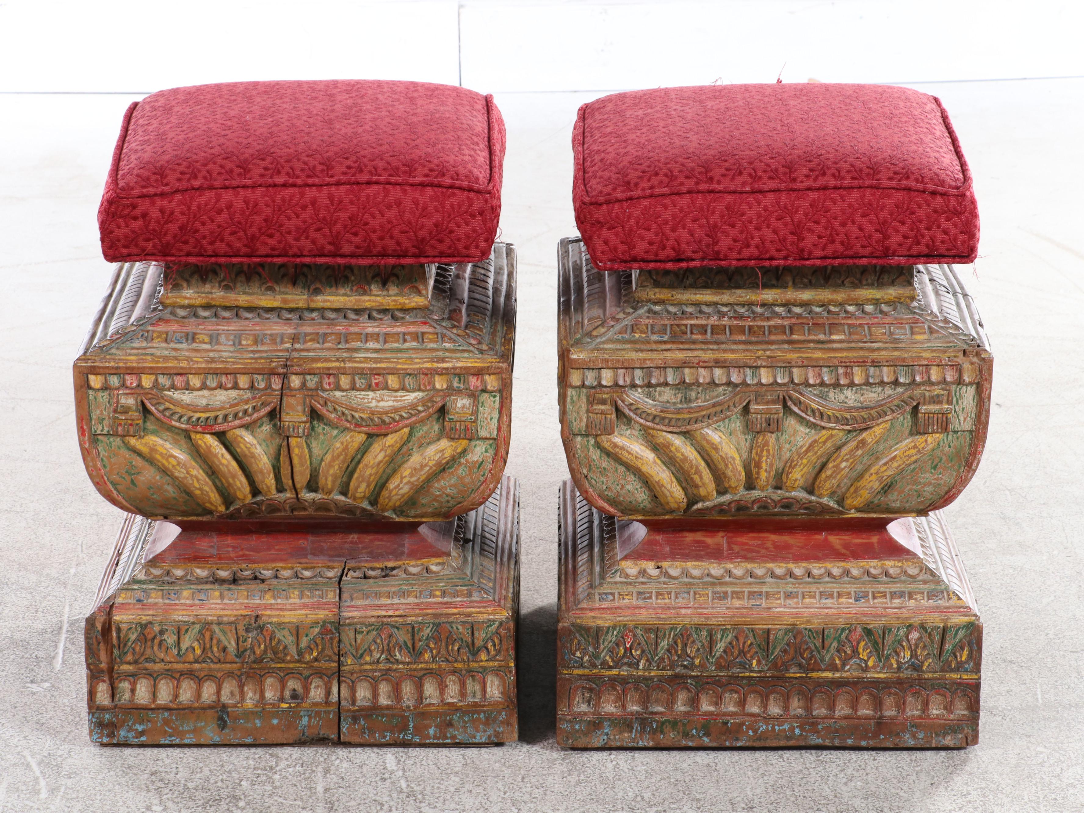 Pair of East Indian Carved and Painted Ottomans | EBTH