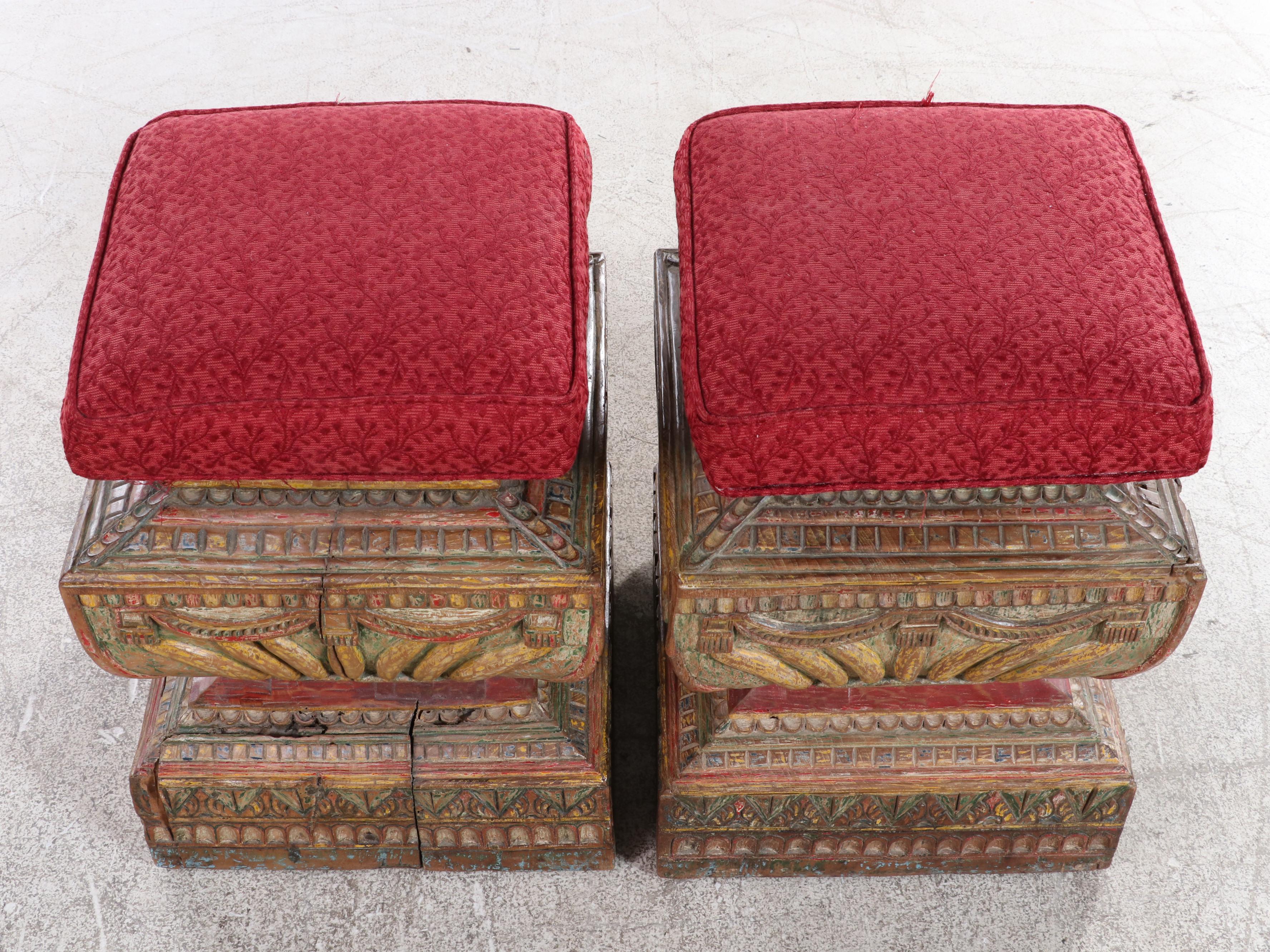 Pair of East Indian Carved and Painted Ottomans | EBTH