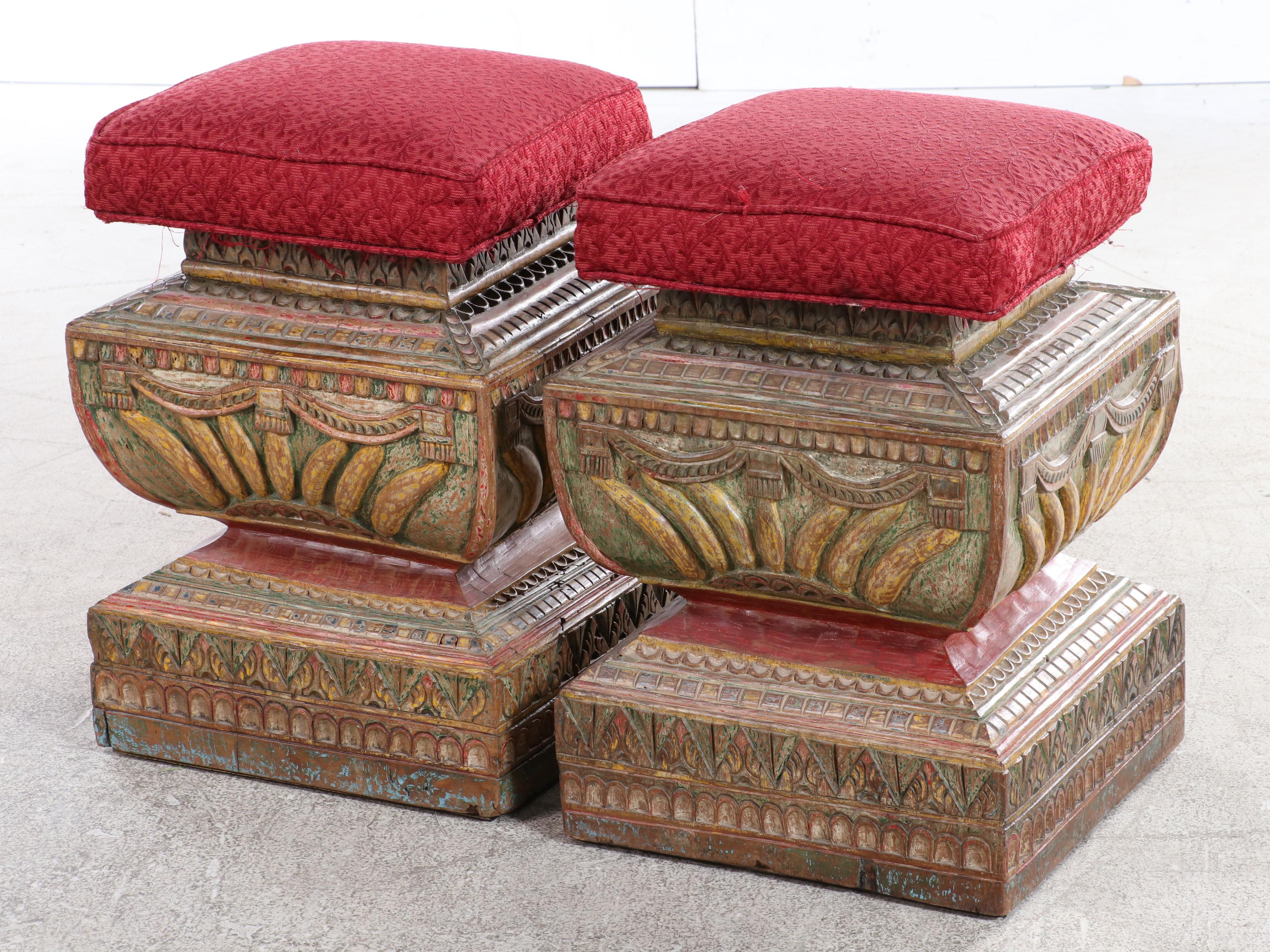 Pair of East Indian Carved and Painted Ottomans | EBTH