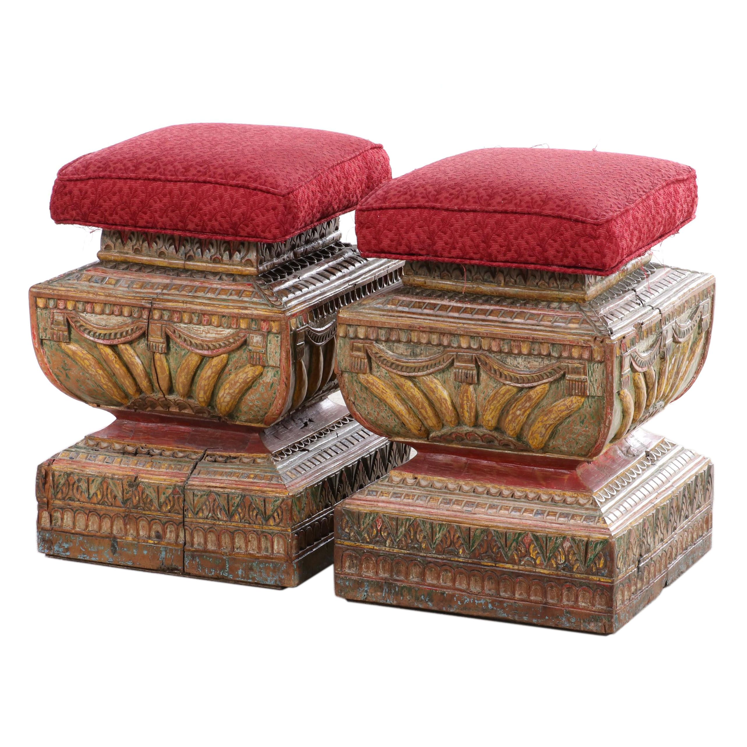 Pair of East Indian Carved and Painted Ottomans | EBTH
