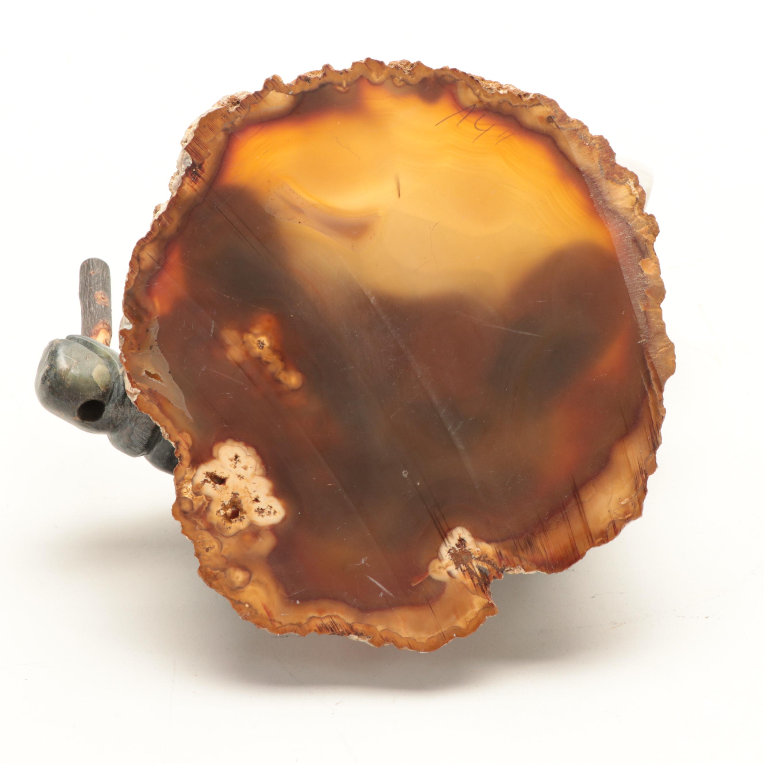 Inuit Carved Nephrite and Walrus Ivory Figure on Agate Slice Base | EBTH