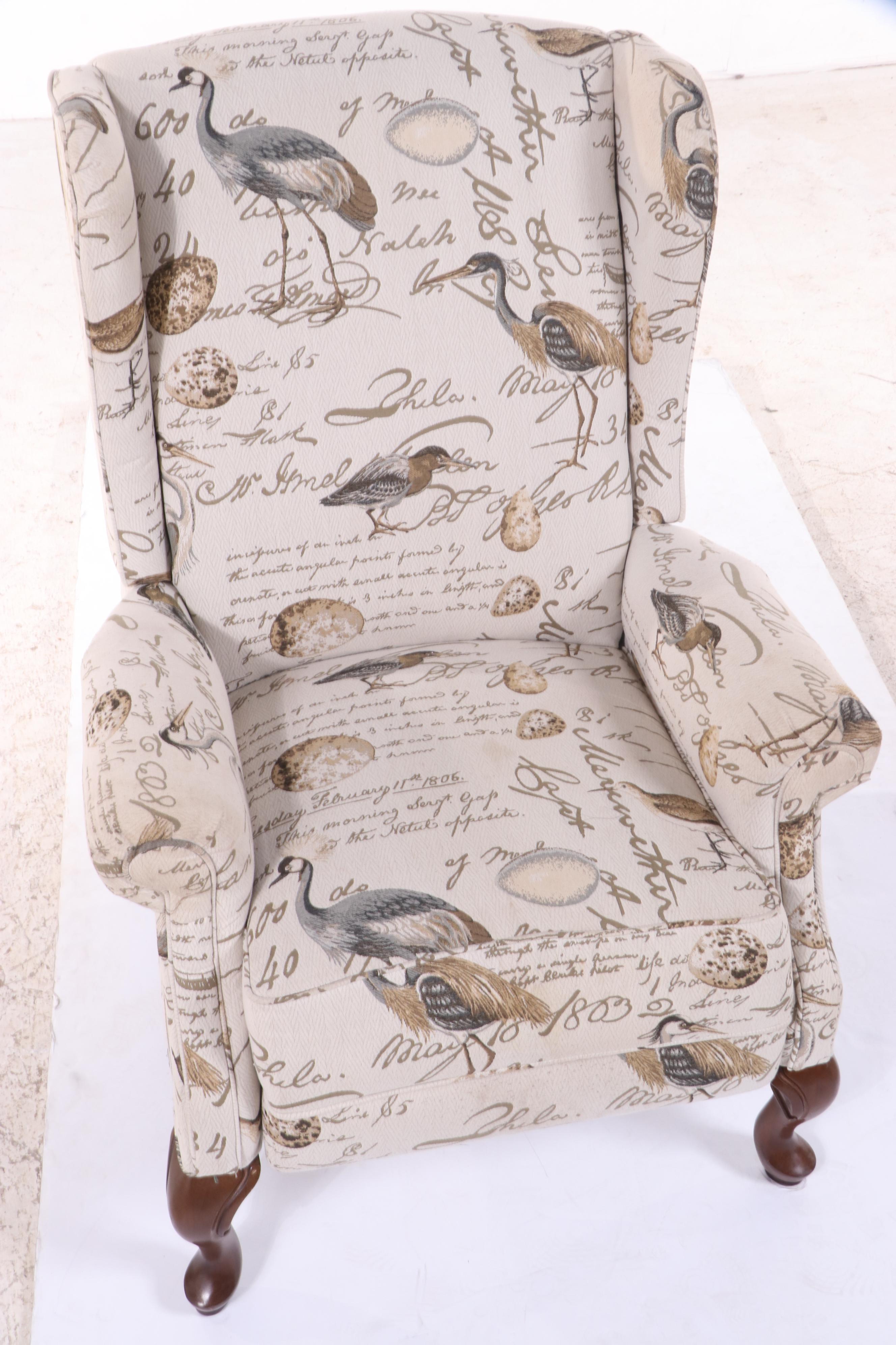 Queen Anne Style Wingback Recliner with Bird Print | EBTH
