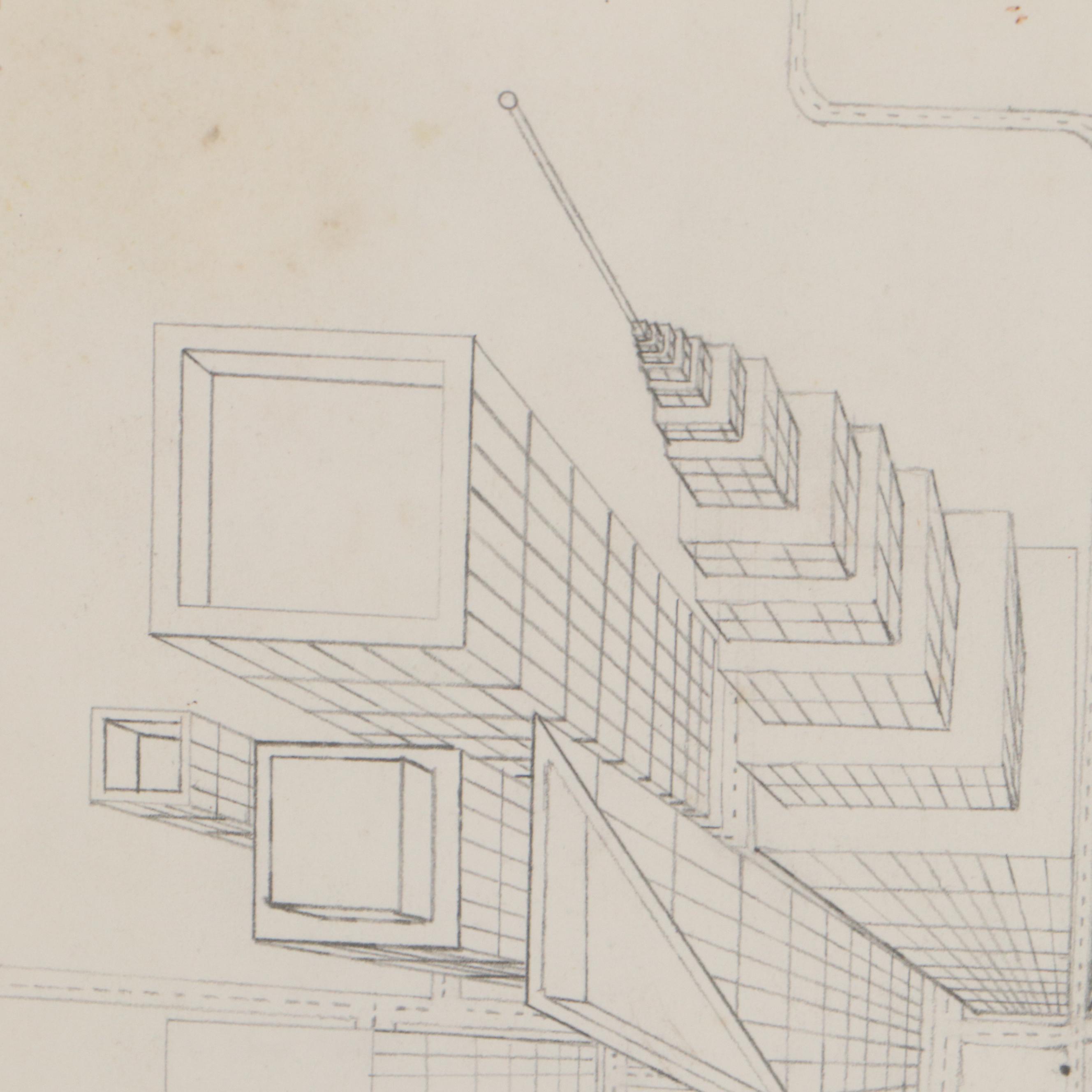 Graphite Aerial Perspective Drawing of Urban City, Late 20th Century | EBTH
