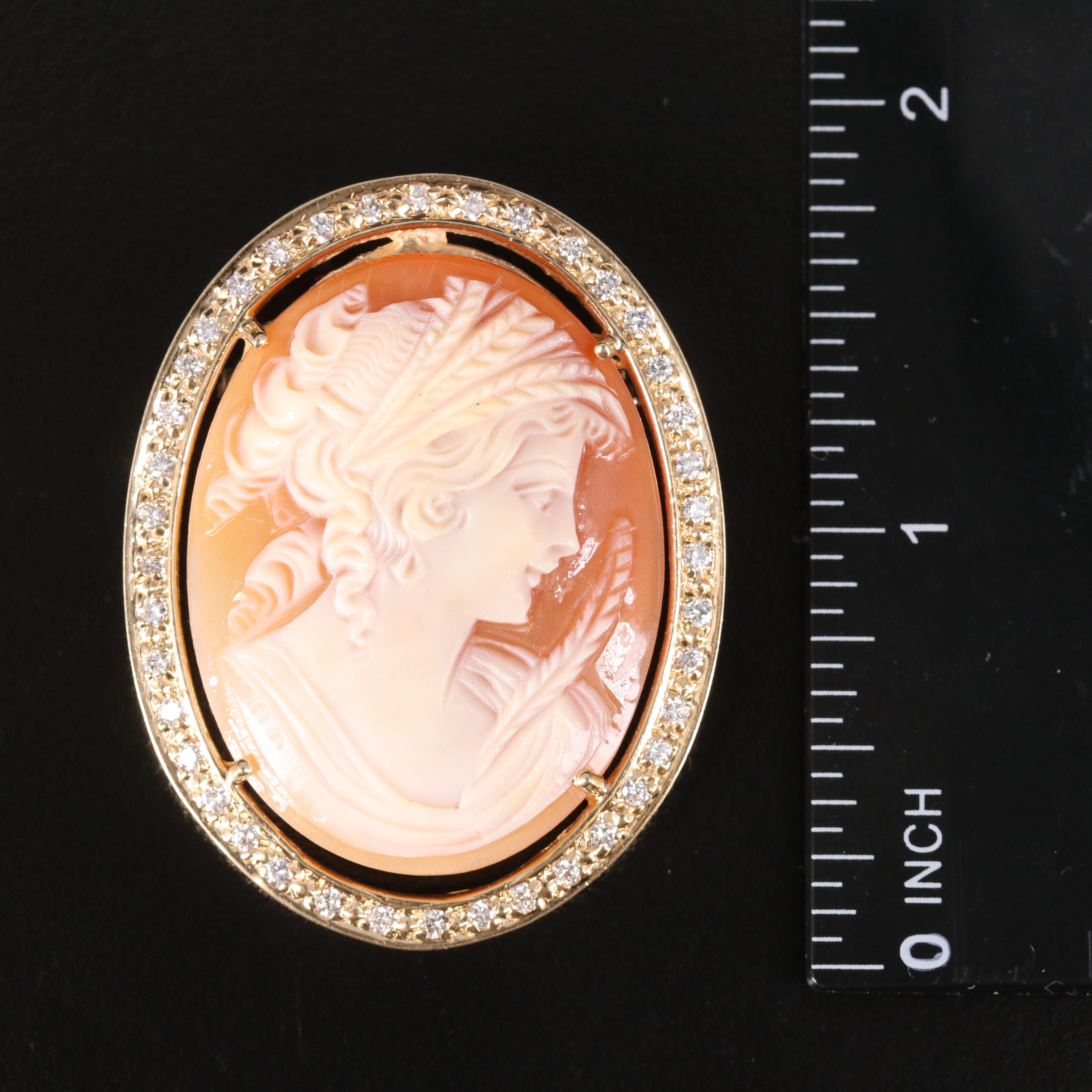 Vintage 14K Shell Cameo in Diamond Frame Brooch | EBTH