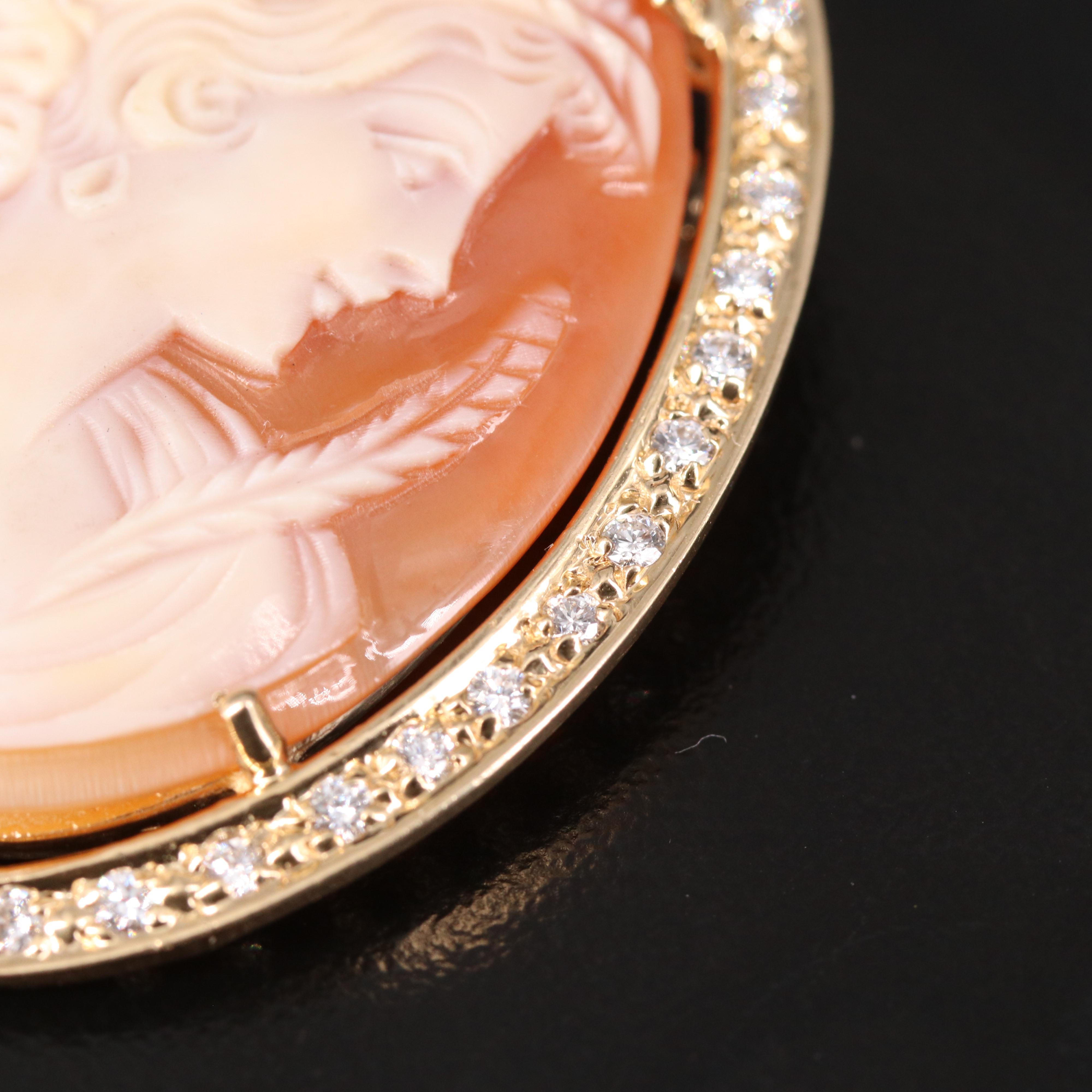 Vintage 14K Shell Cameo in Diamond Frame Brooch | EBTH