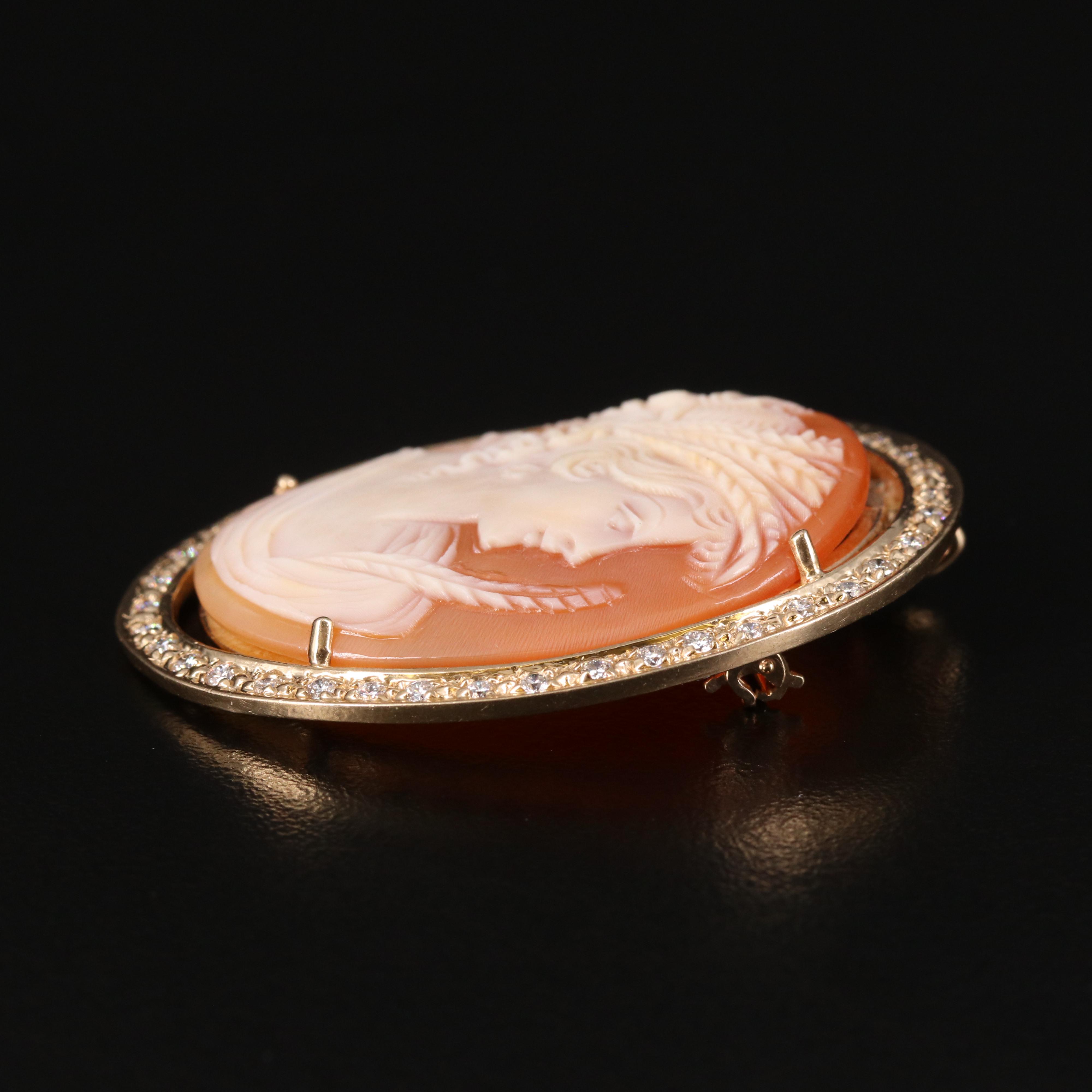 Vintage 14K Shell Cameo in Diamond Frame Brooch | EBTH