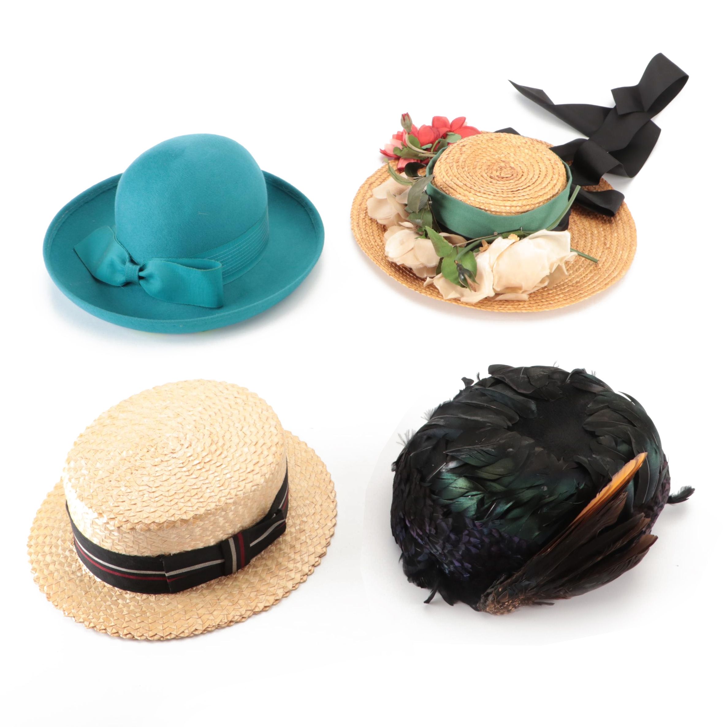 Feather Pillbox Hat, Straw Boaters, and Wool Felt Breton Hat with Hat ...