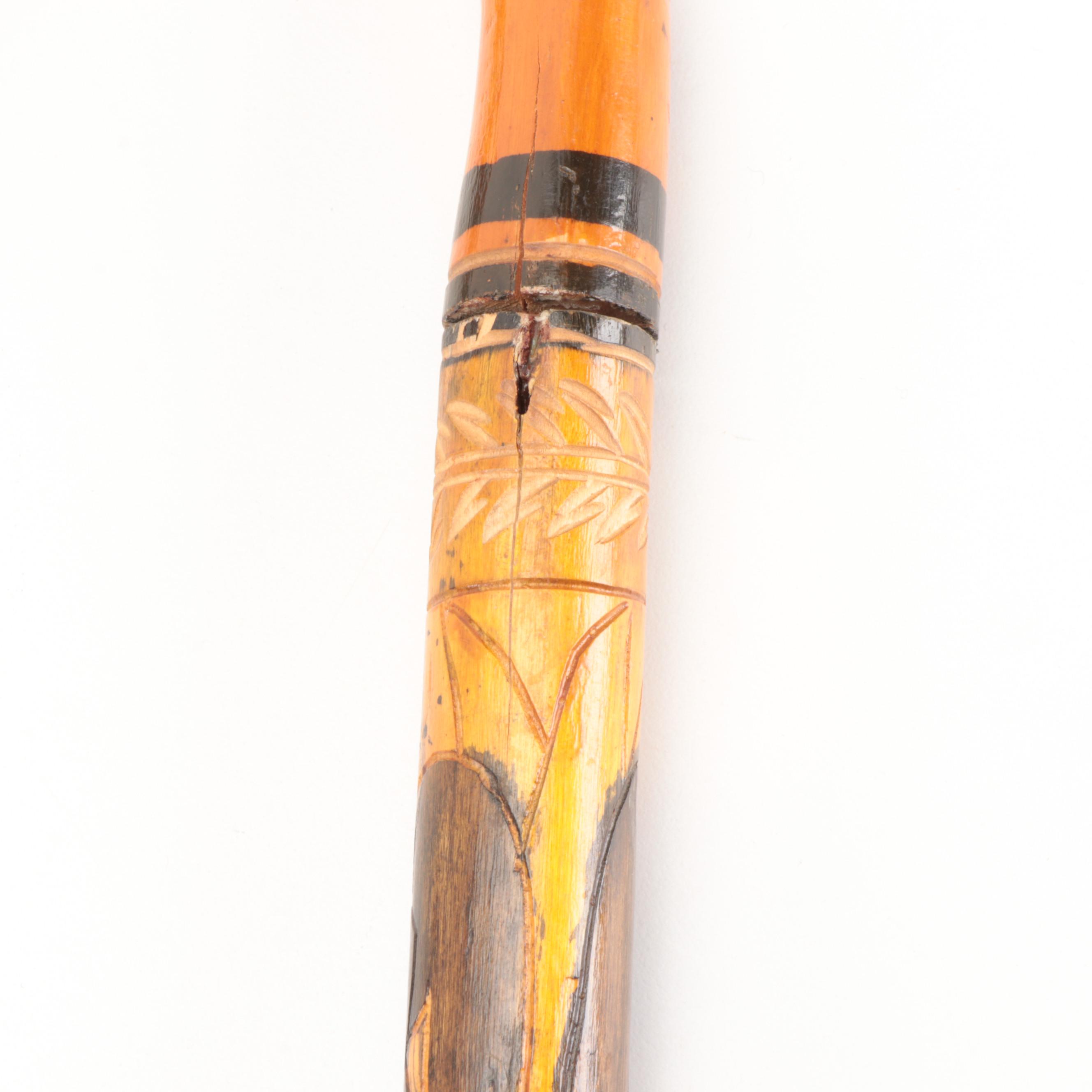 Carved Mexican Polychrome Crook Handled Wooden Walking Canes, 20th ...