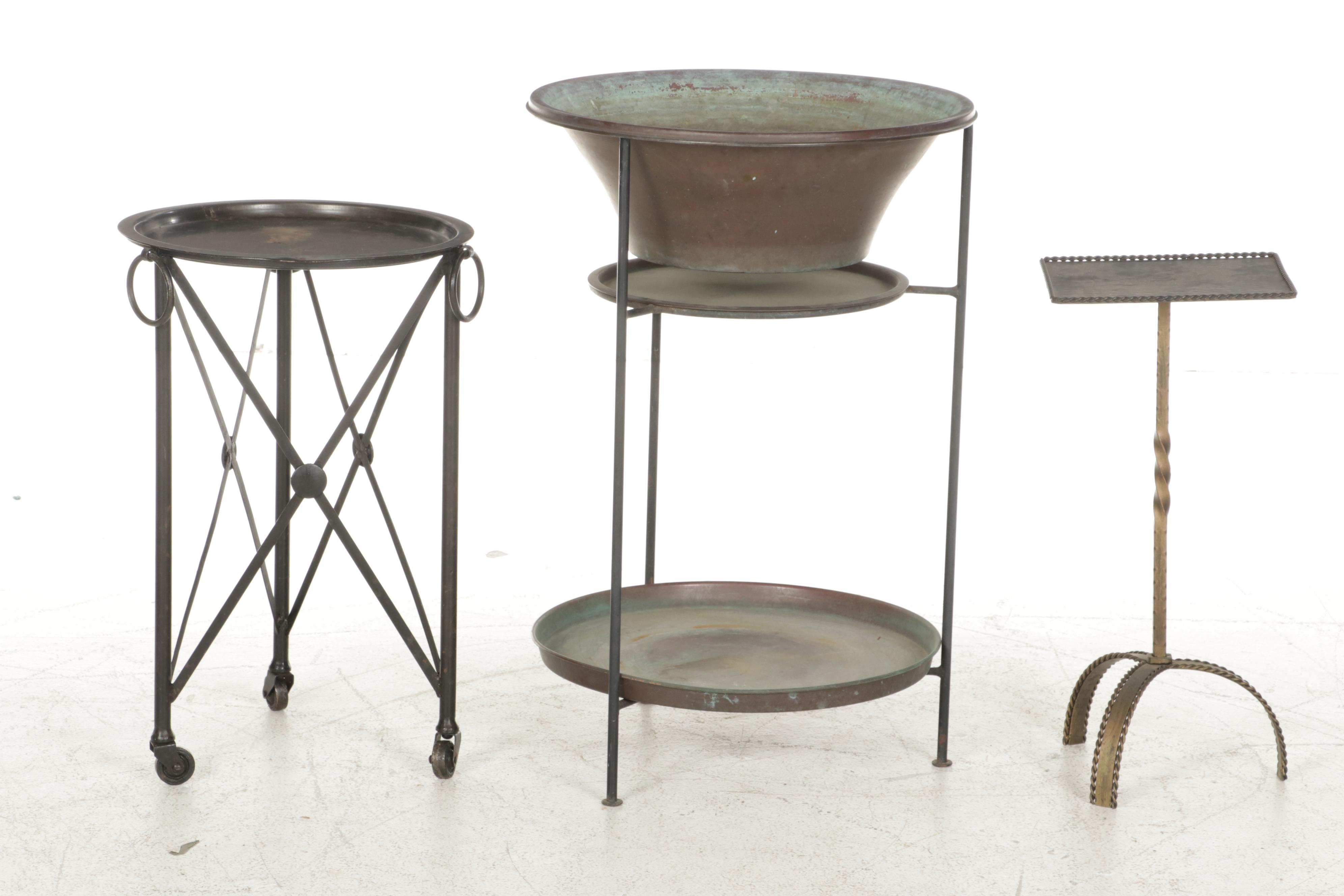 Smith & Hawken Tiered Brass Planter with Two Wrought Metal Side Tables ...