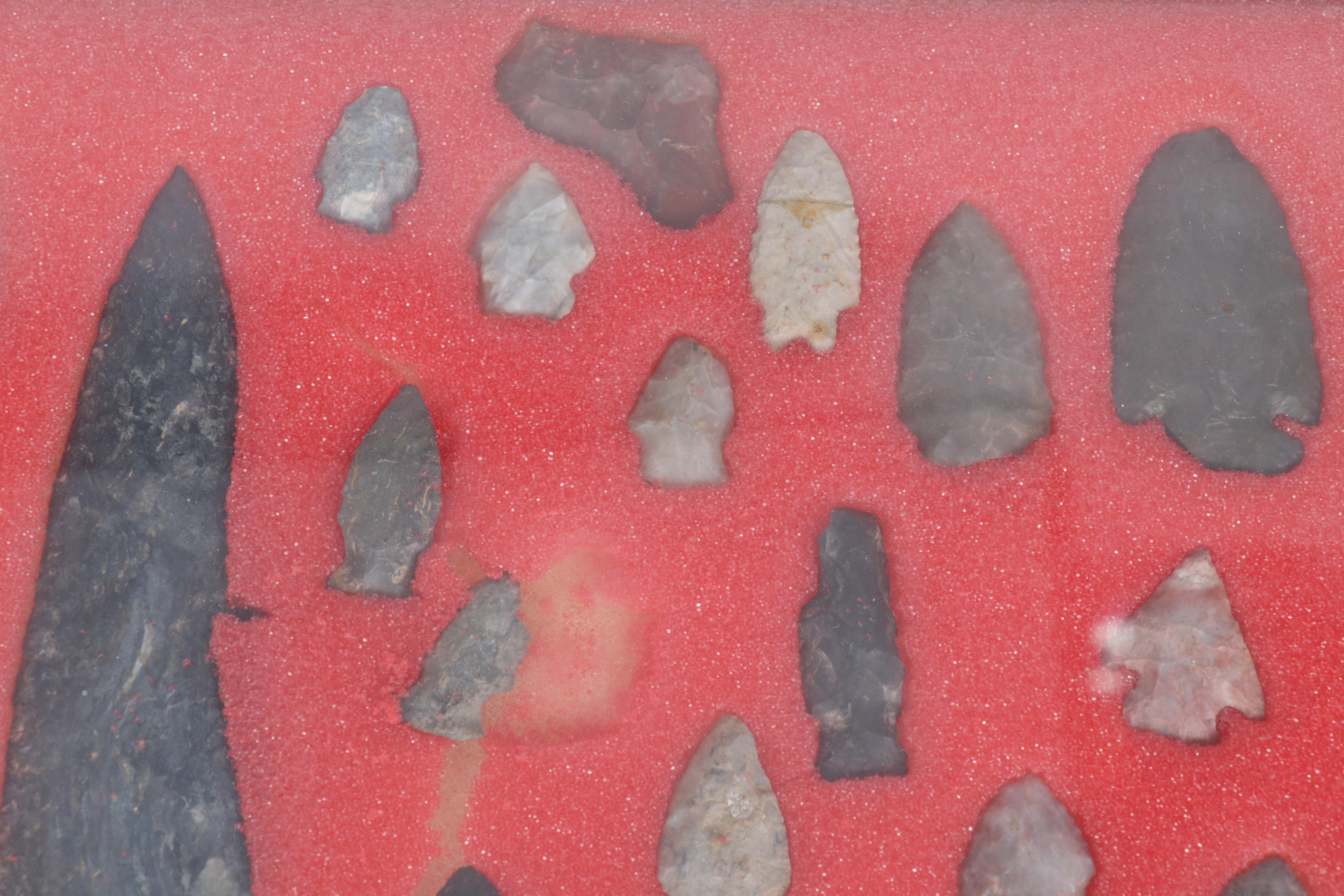 Projectile Points in Display Case with Other Lithic Artifacts | EBTH