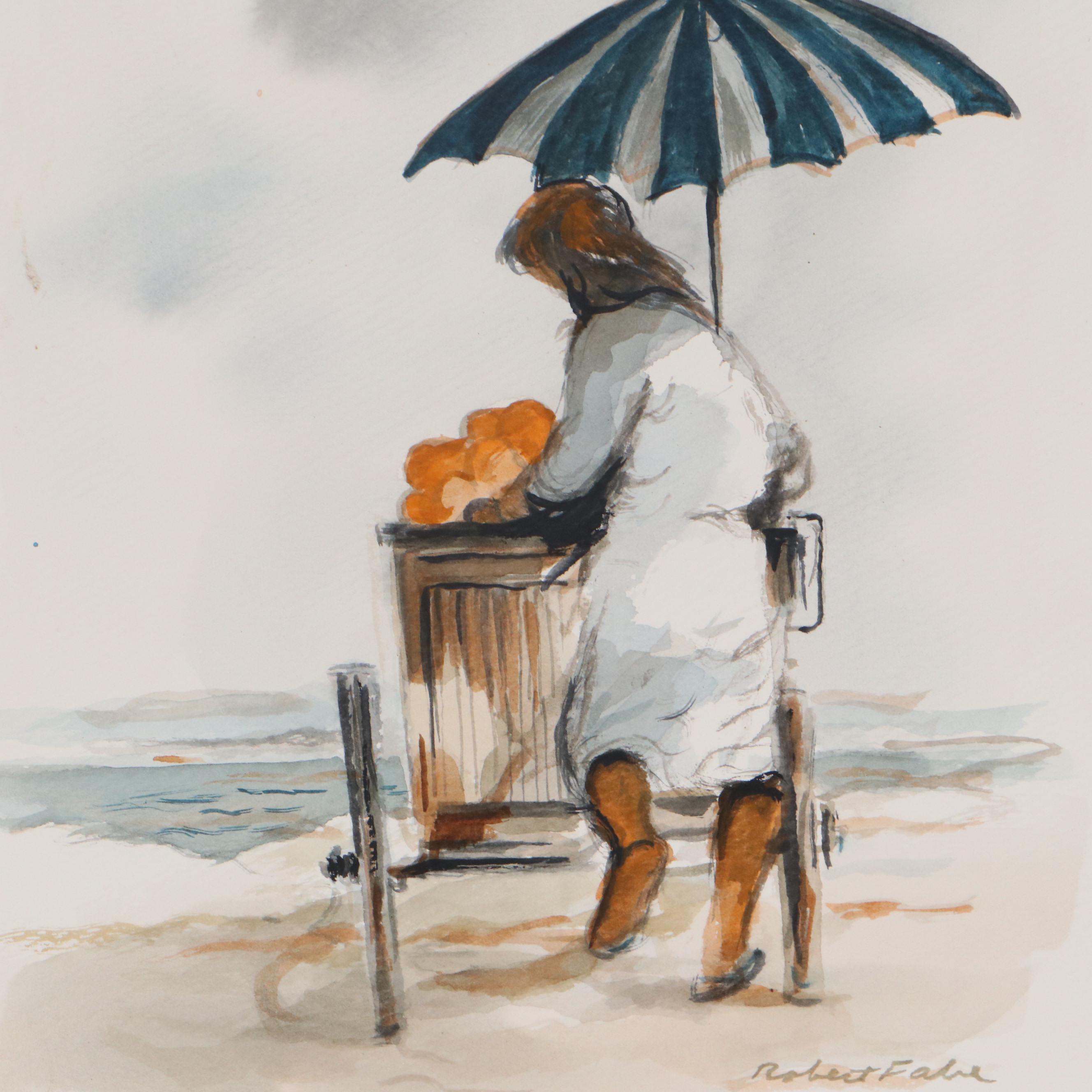 Robert Fabe Watercolor Paintings of Fruit Vendor and Girl at the Beach ...