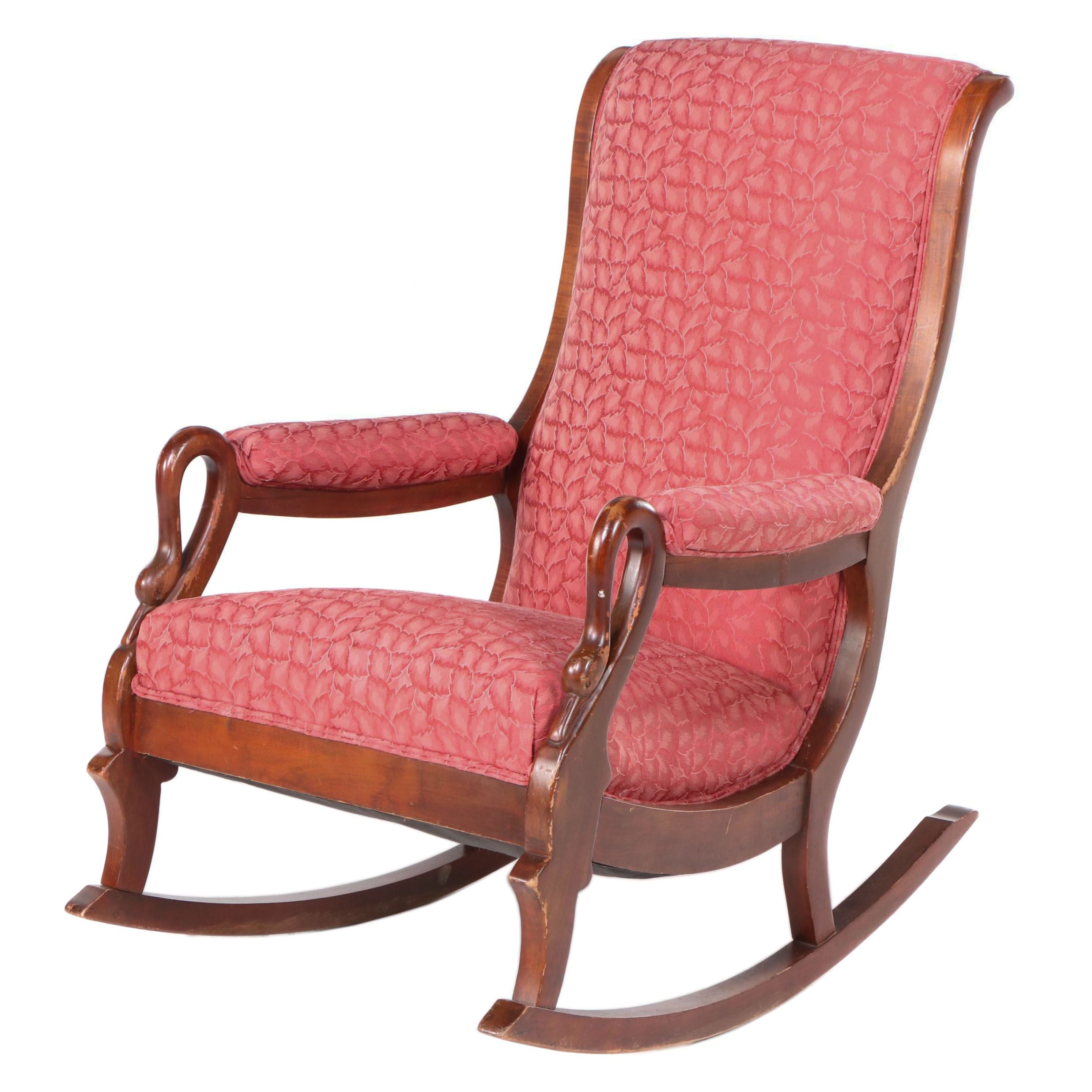 Classical Style Mahogany-Finish Upholstered Gooseneck Rocking Chair ...
