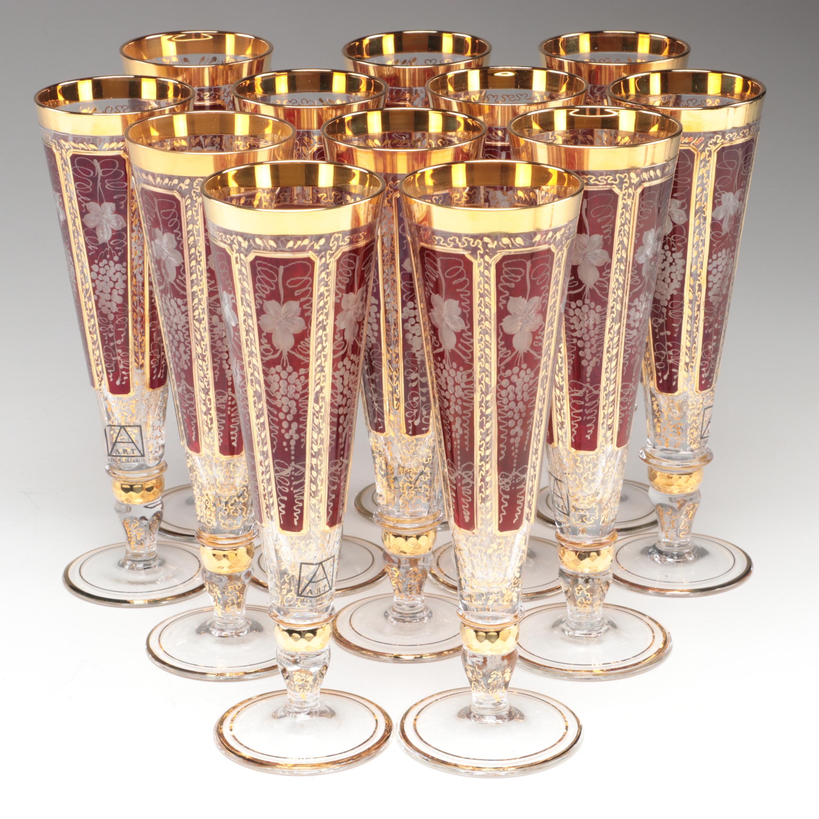 Bohemian Ruby Red and Gilt Grapevine Motif Panel Cut Glass Champagne ...