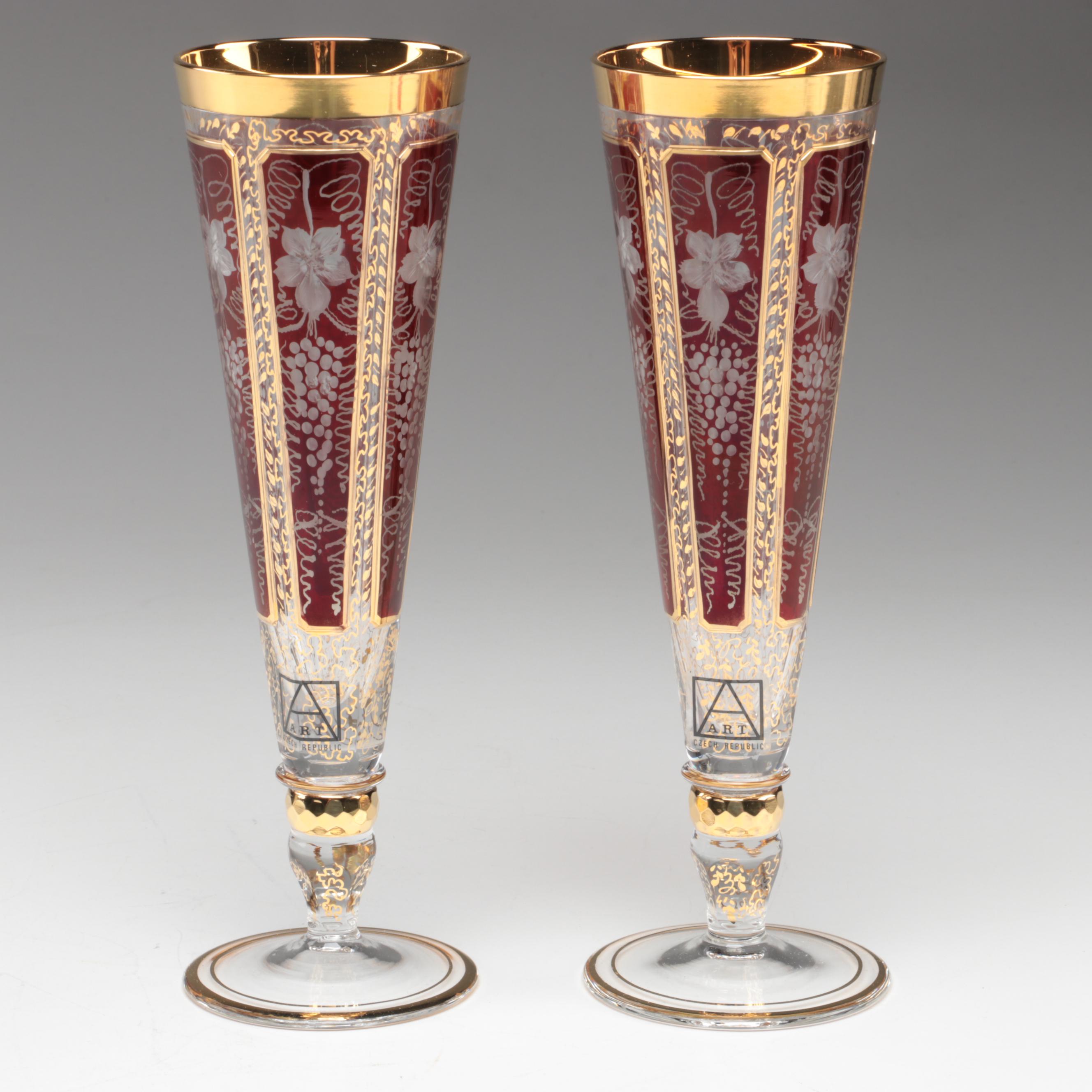 Bohemian Ruby Red and Gilt Grapevine Motif Panel Cut Glass Champagne ...