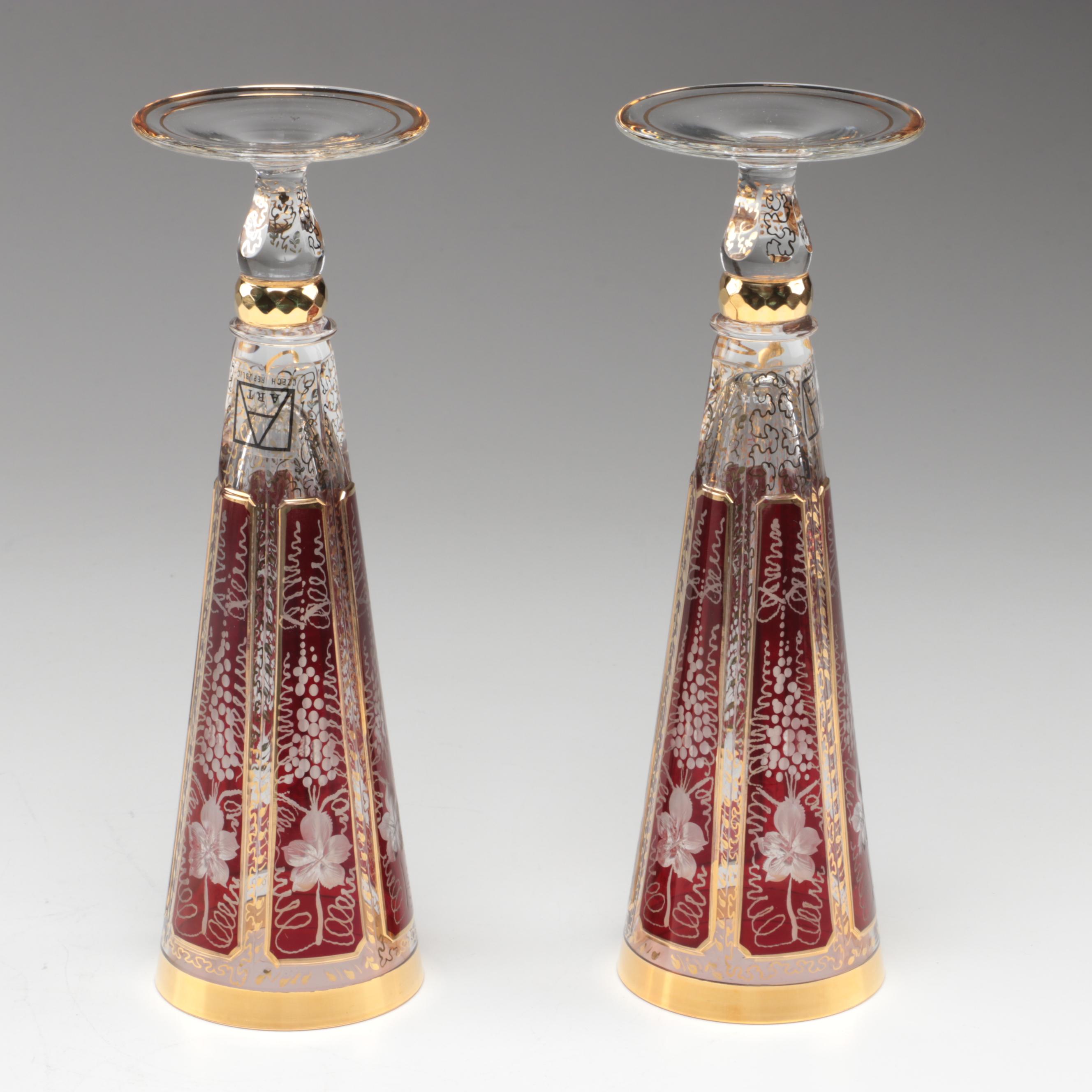 Bohemian Ruby Red and Gilt Grapevine Motif Panel Cut Glass Champagne ...