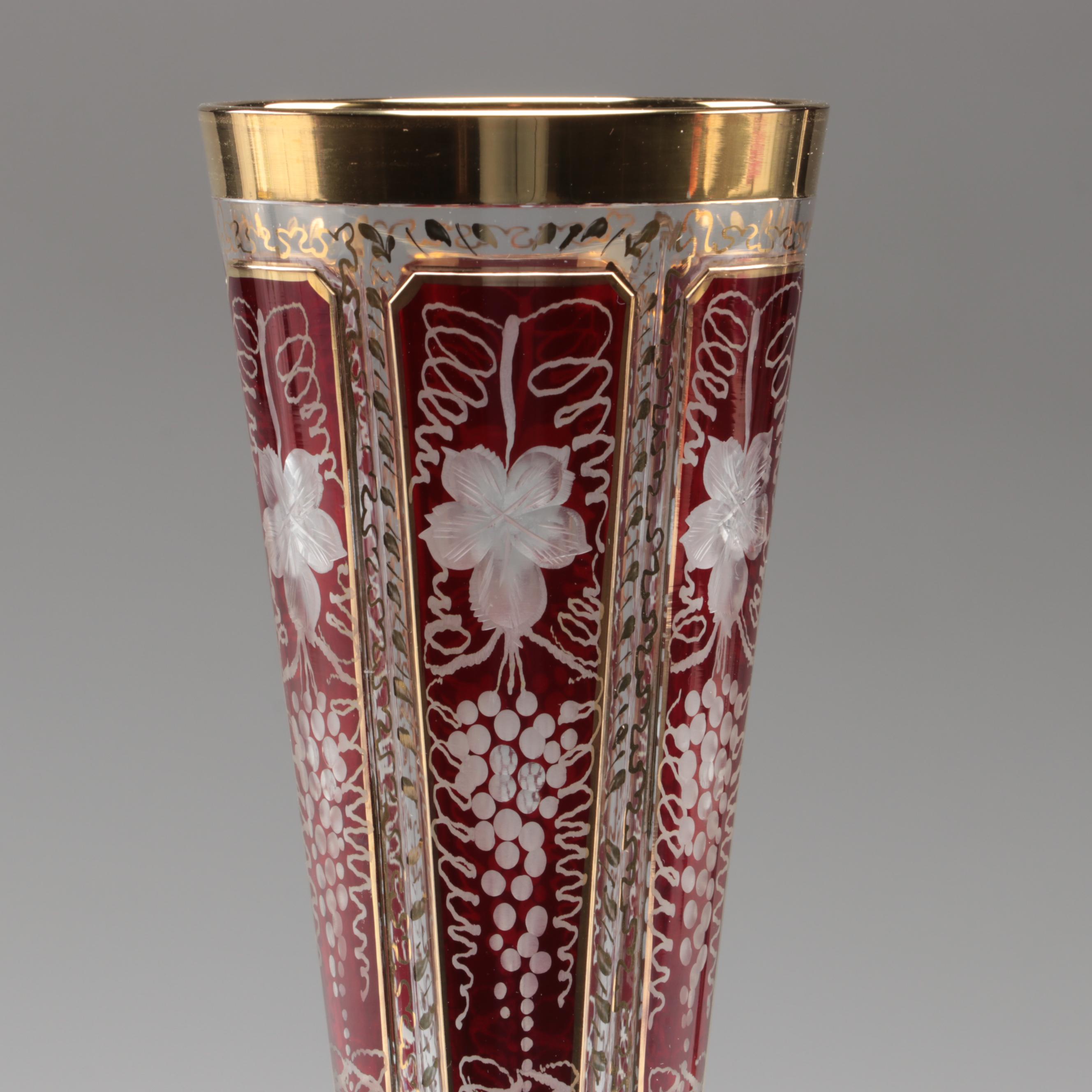 Bohemian Ruby Red and Gilt Grapevine Motif Panel Cut Glass Champagne ...
