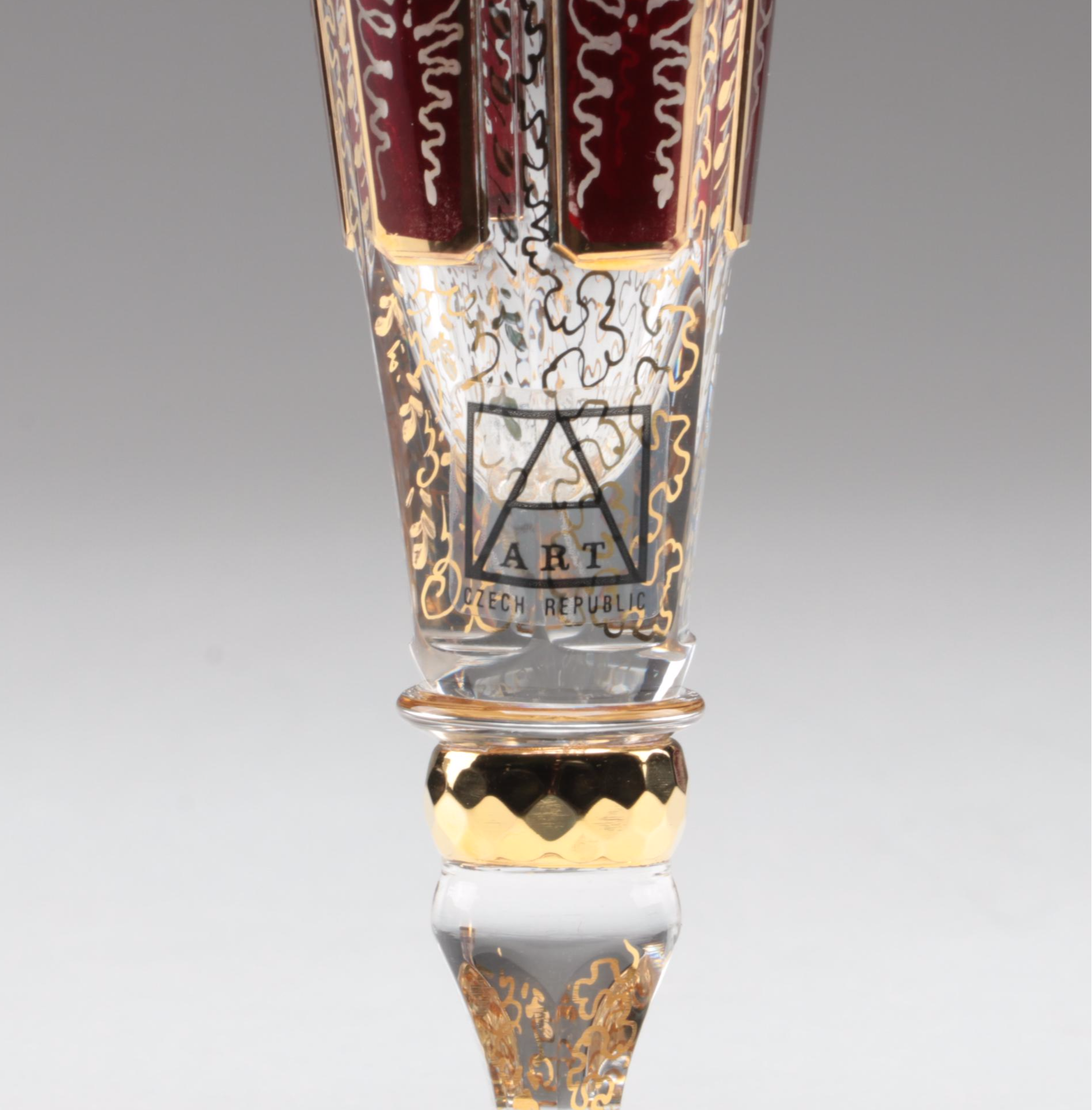 Bohemian Ruby Red and Gilt Grapevine Motif Panel Cut Glass Champagne ...