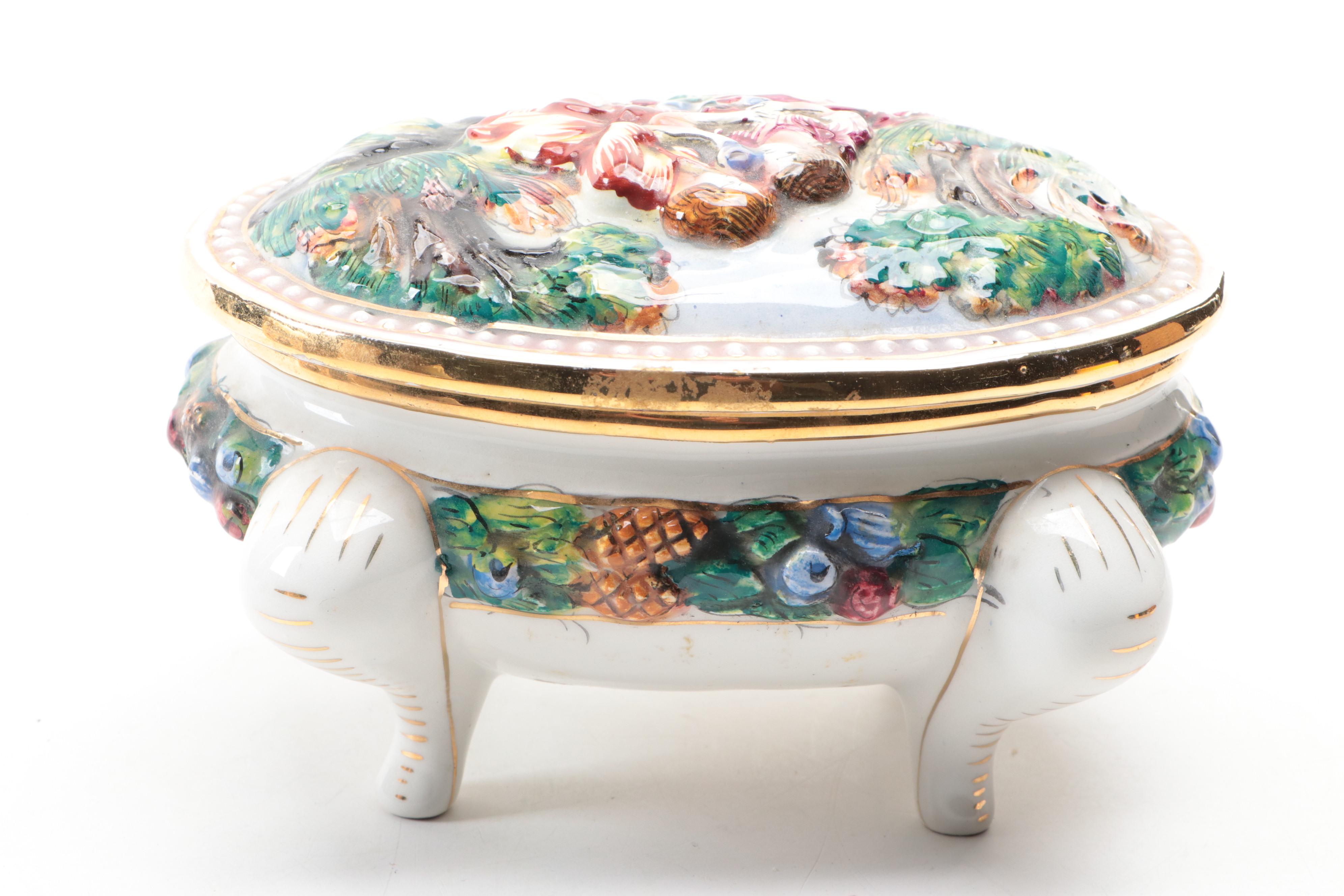 Capodimonte Porcelain Jewelry Casket with Neptune and Other Footed Oval ...