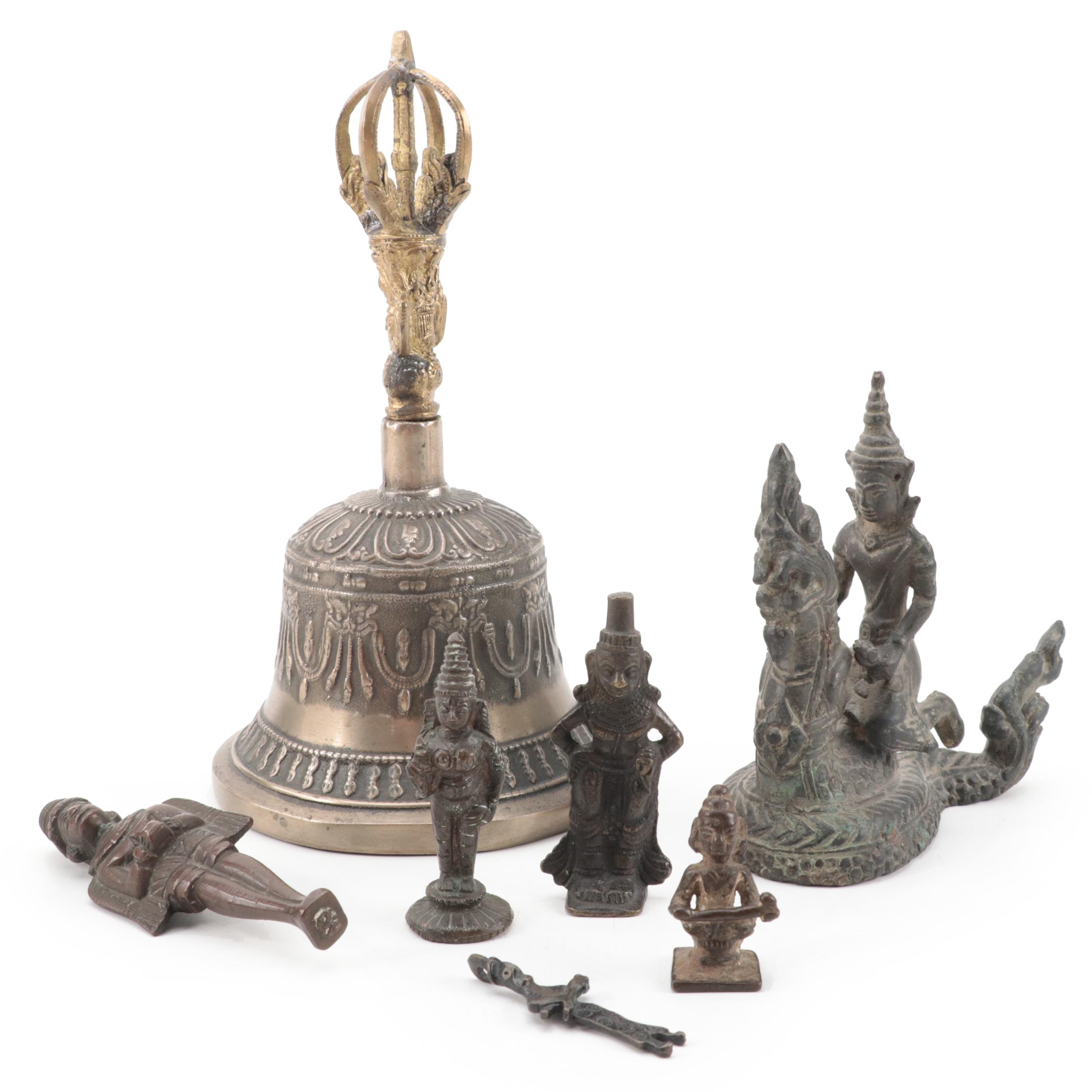 Tibetan Brass Hand Bell with Southeast Asian Figures | EBTH
