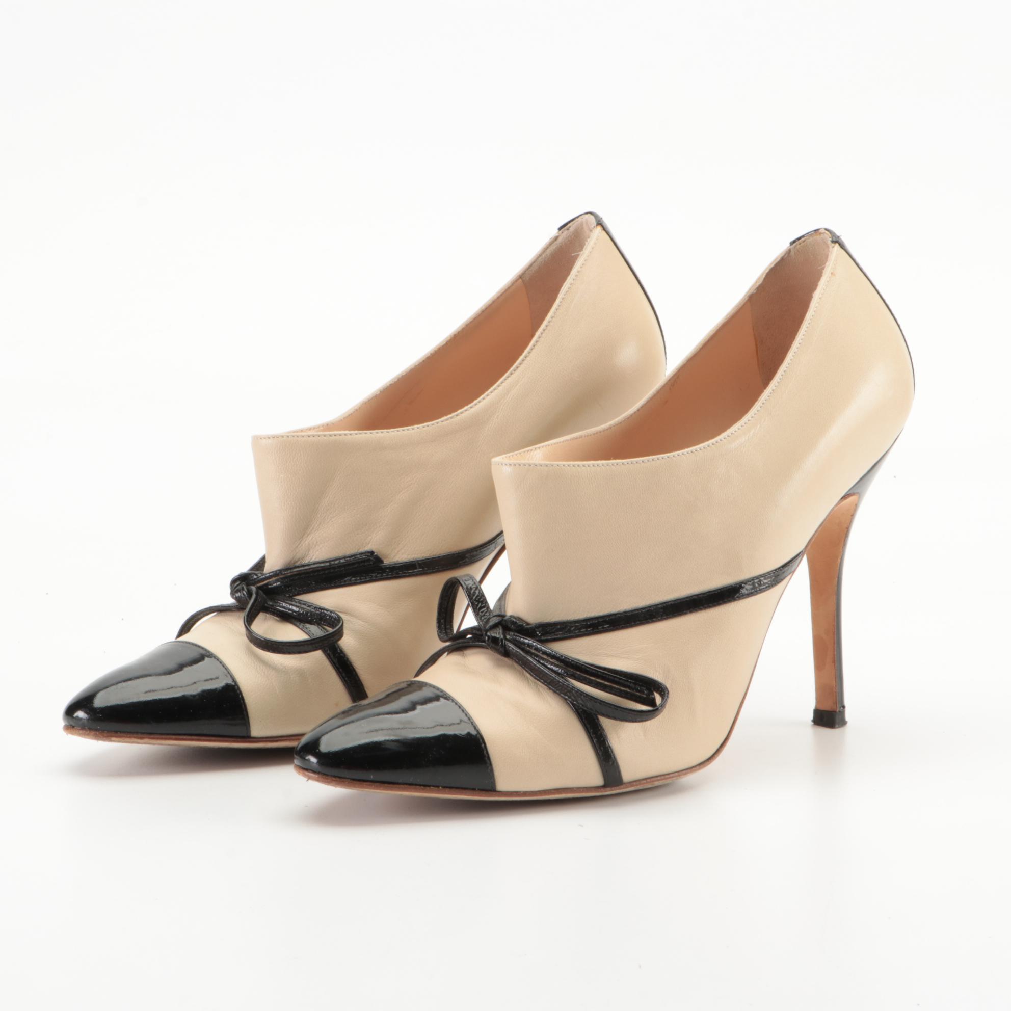 Manolo Blahnik Cap-Toe Booties in Beige Lambskin with Black Patent ...