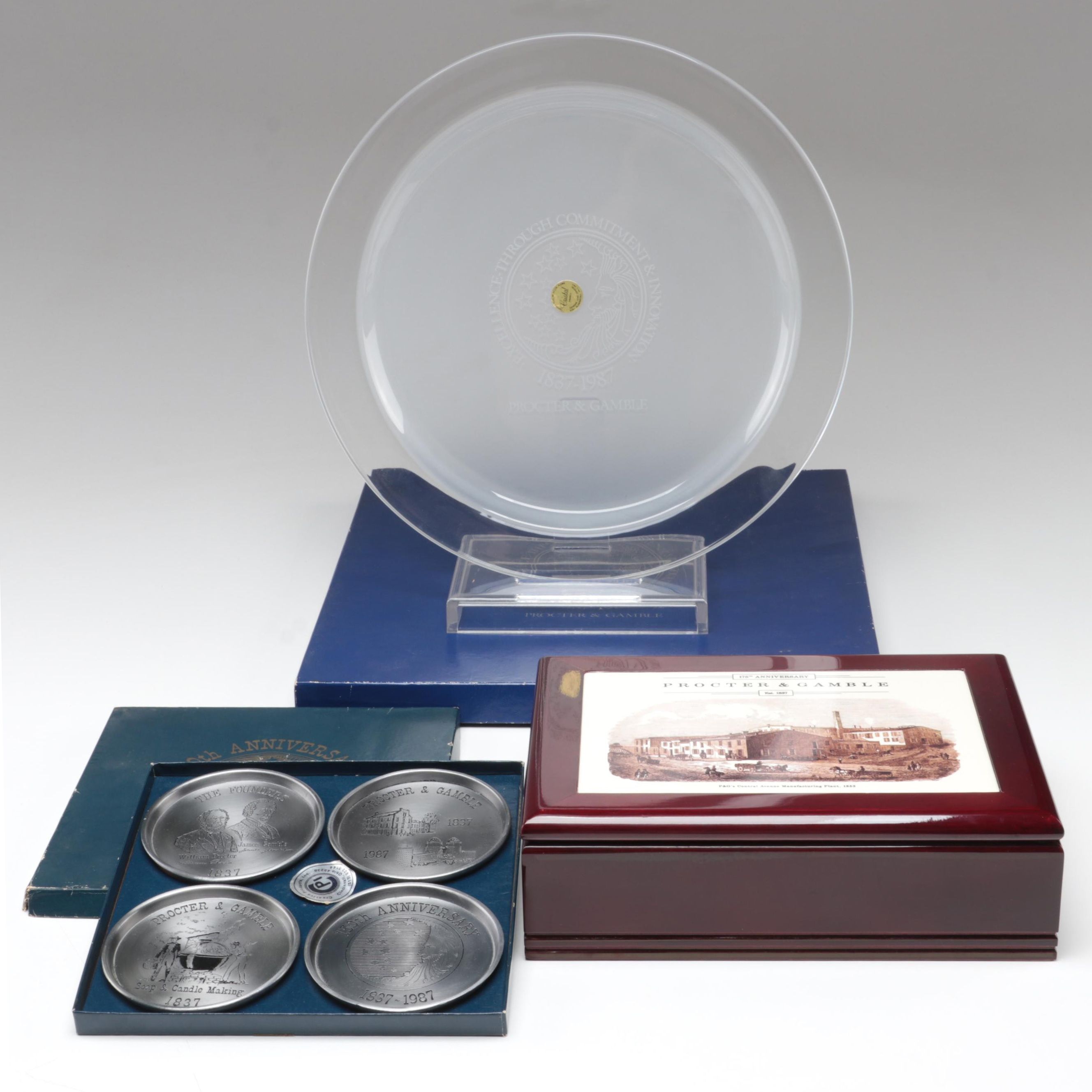 Procter & Gamble Anniversary Glass Plate, Metal Coasters and Wooden Box ...