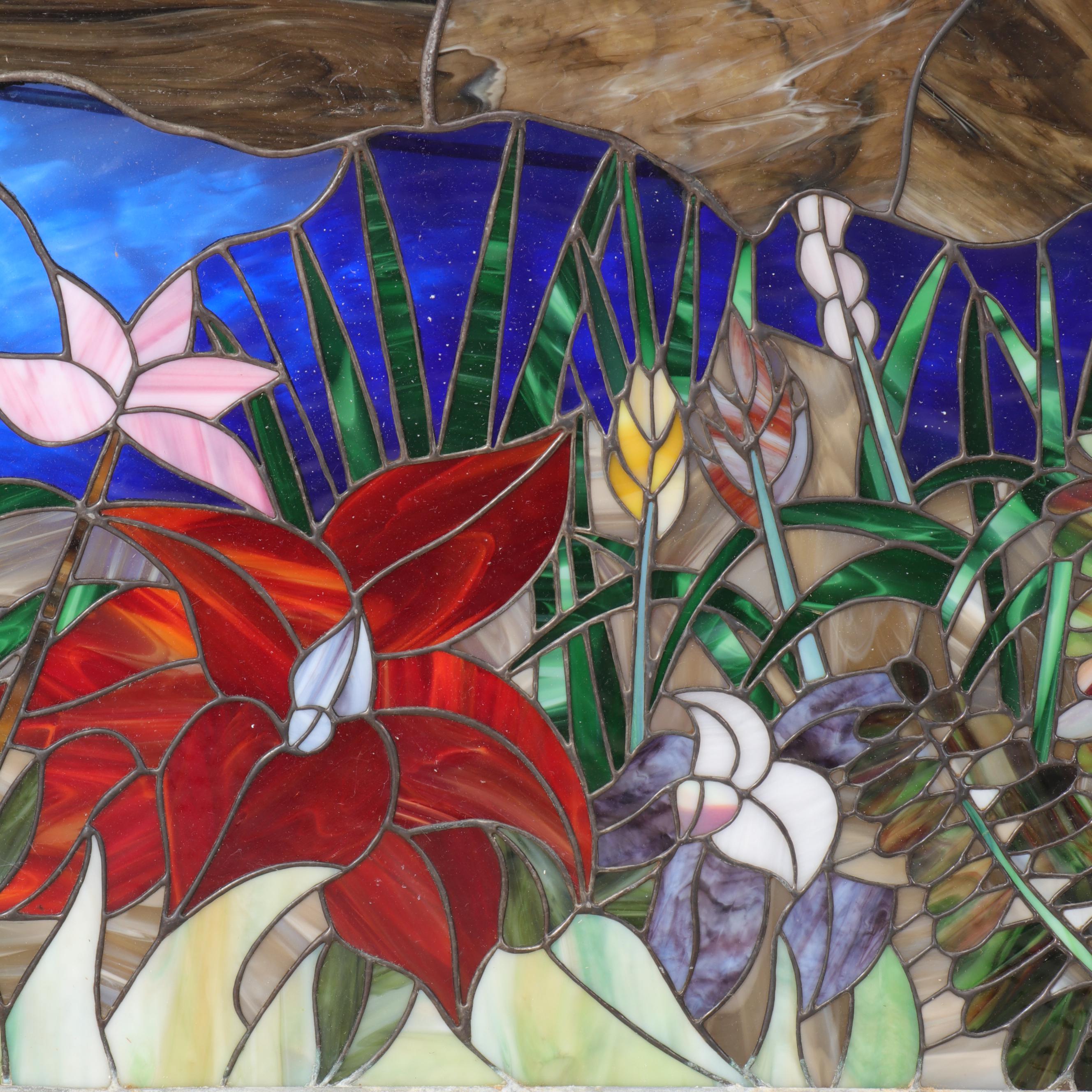 Timothy Heil Stained and Slag Glass Window Panel of Tropical Scene ...