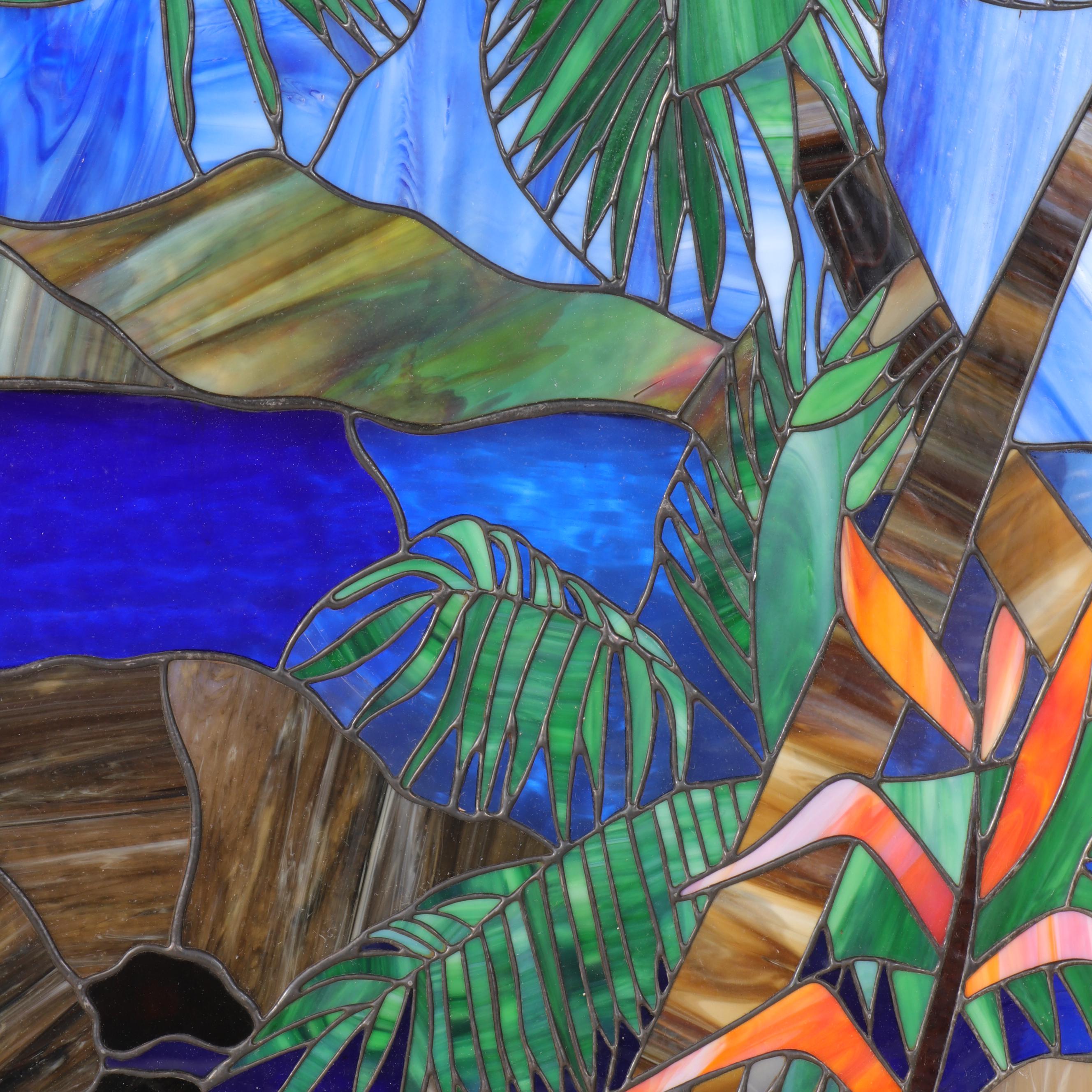 Timothy Heil Stained and Slag Glass Window Panel of Tropical Scene ...
